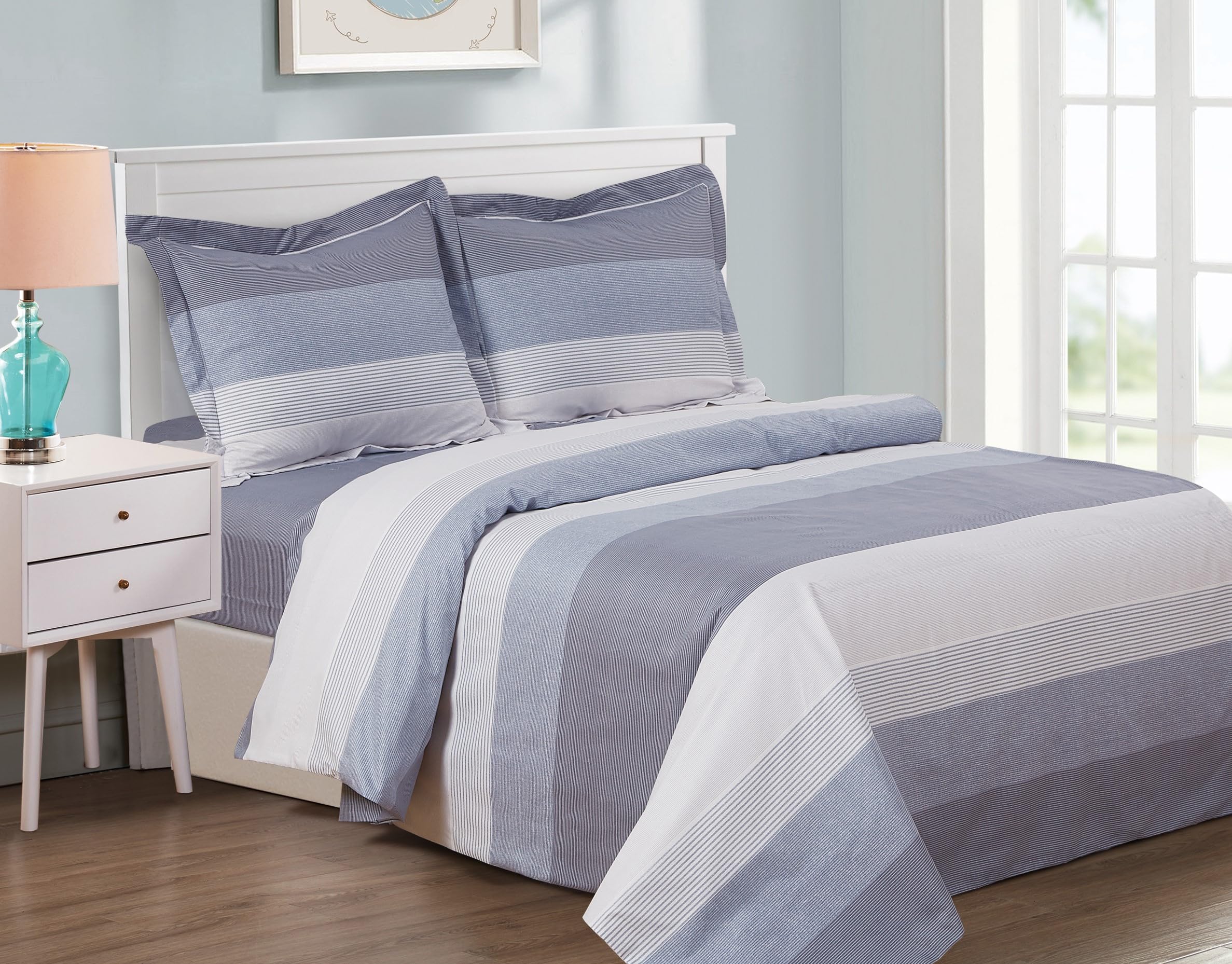 Violet Linen French Sea Soft Multi Stripe Pattern, Luxury Ultra Soft and Breathable 200 Thread-Count Cotton Percale, Blue, Twin 39-inch, 6 Piece Duvet Set, Bedding Duvet Cover Set for Two Beds