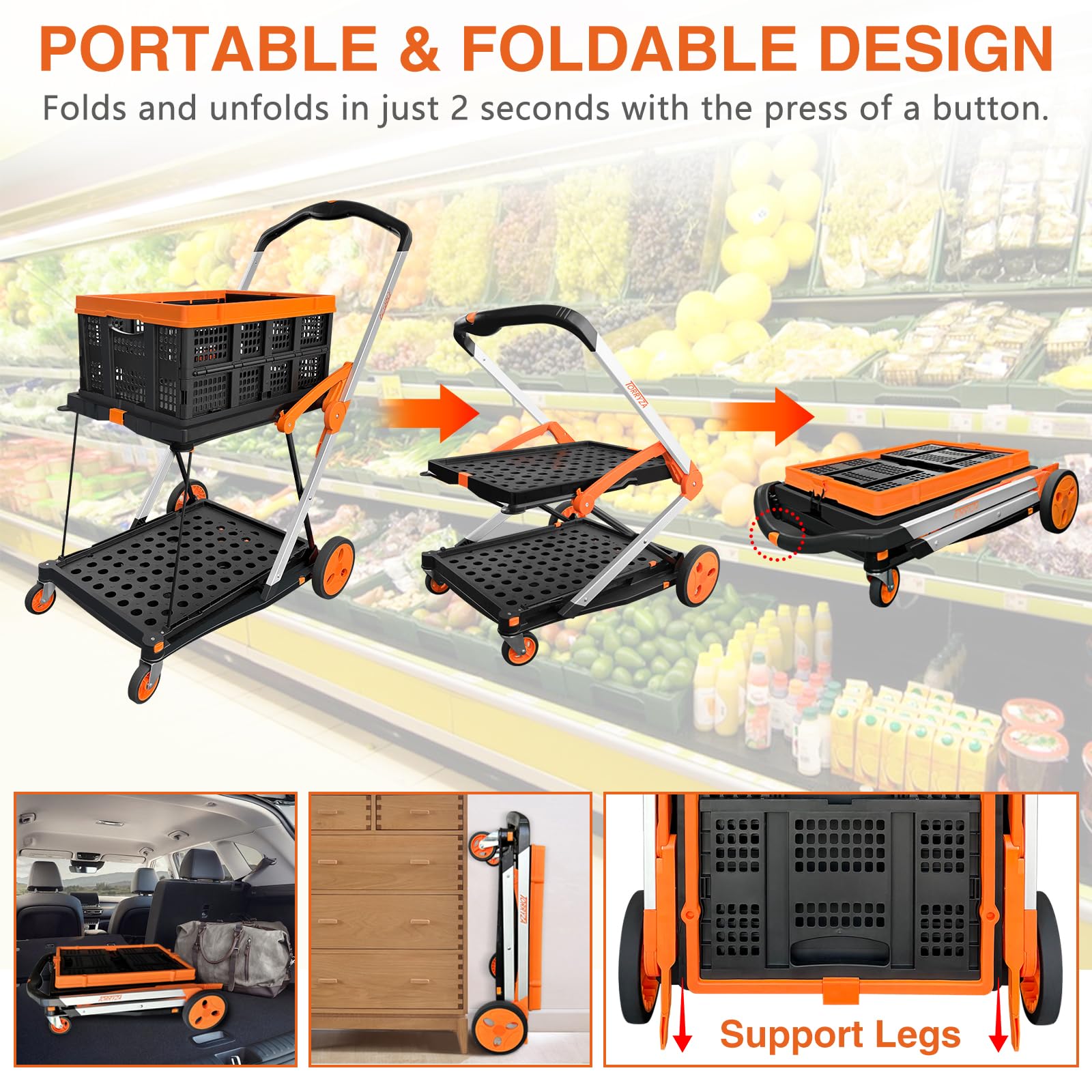 TORRYZA Foldable Shopping Cart with Wheels,Mobile Folding Trolley, Multi use Functional Collapsible Carts,360°Swivel Wheels,Utility Cart with Storage Crate,Shopping Cart, Red