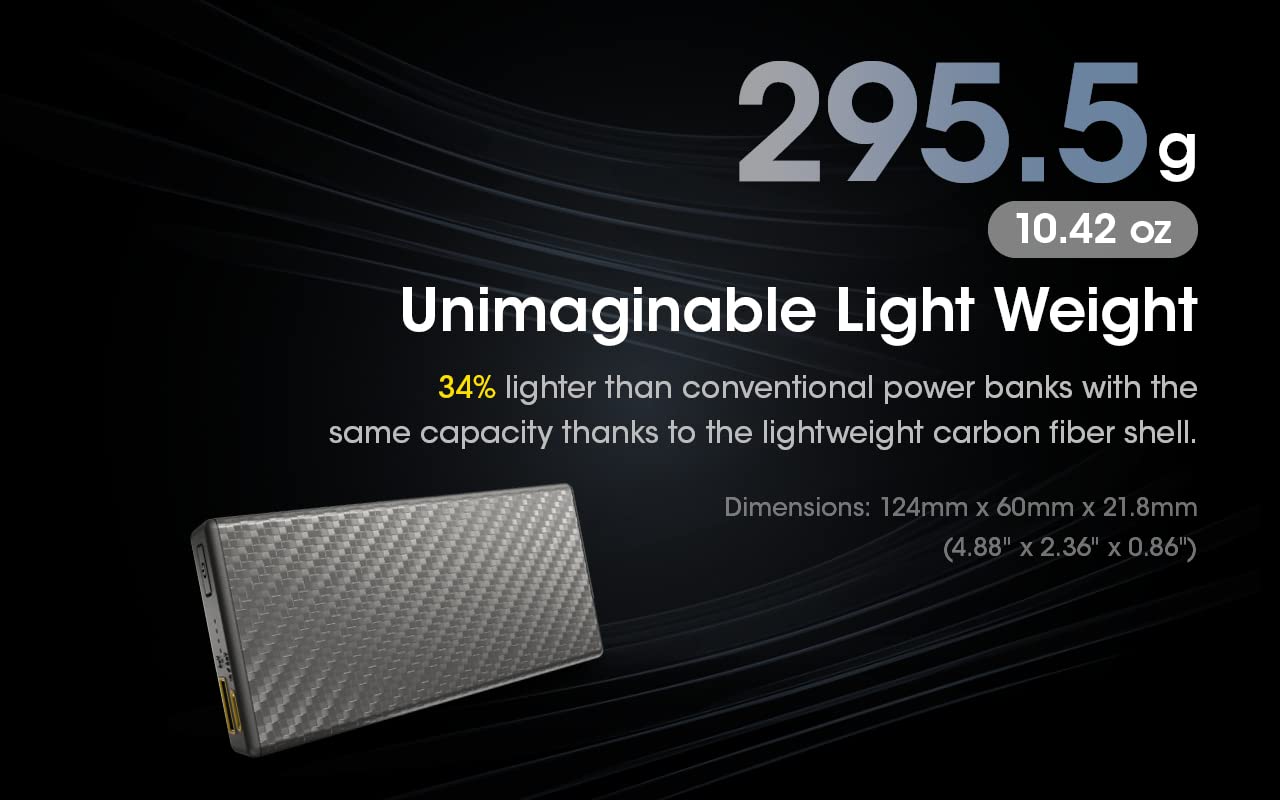 Nitecore Carbo 20000 Lightweight 20000mAh Power Bank for Outdoor, QC PD Quick Charge, USB & USB-C Dual Ports Waterproof Impact Resistant with Lumentac USB Cable