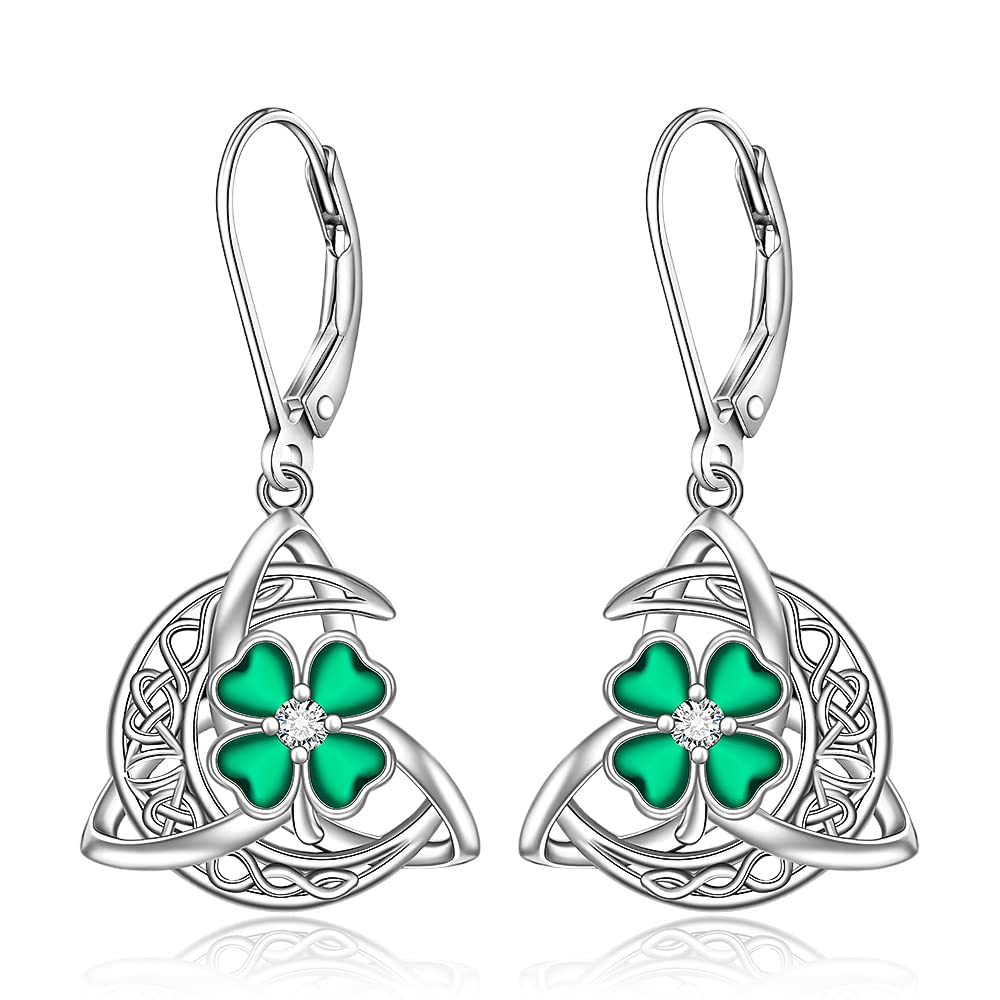 Shamrock Earrings St Patricks Day Earrings for Women Celtic Knot Four Leaf Clover Trinity Irish Leverback Drop Sterling Silver Green Jewelry