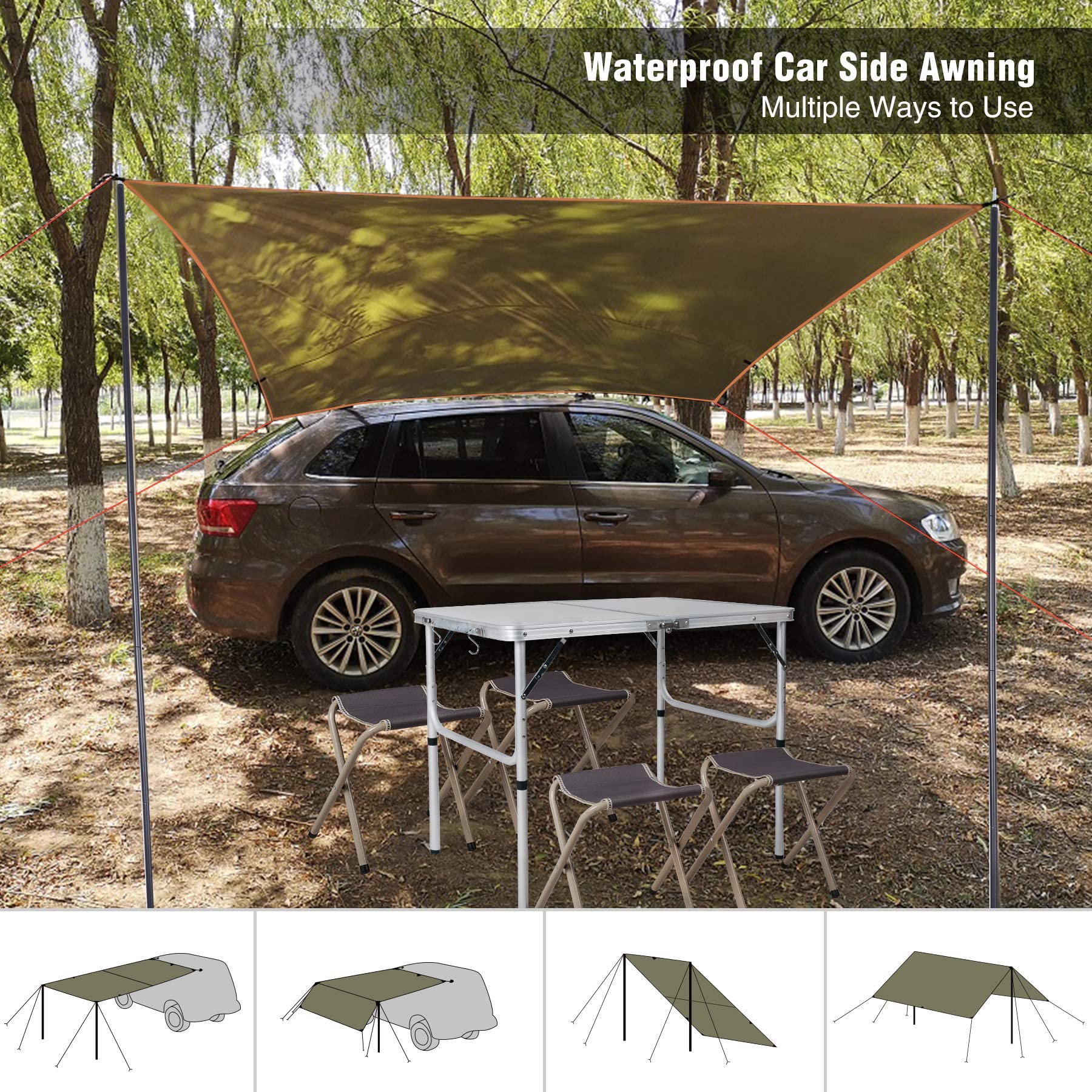 REDCAMP Waterproof Car Side Awning Sun Shelter, Portable Auto Canopy Camper Sun Shade with Adjustable Tarp Poles and Suction Cup for Camping, Picnic