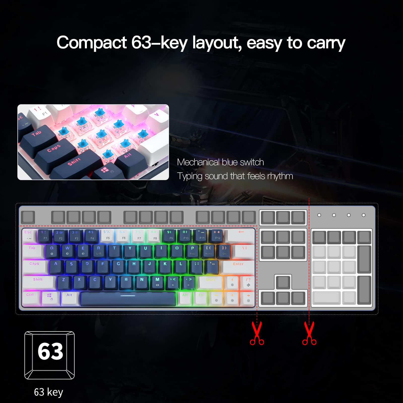 NORCHE 60% Mechanical Gaming Keyboard,Wired/Bluetooth 5.0 Modes,RGB Backlit Ultra-Compact Mini Keyboard, Compact 63 Keys Keyboard for PC/Mac Gamer,Office,Gaming,Homeoffice