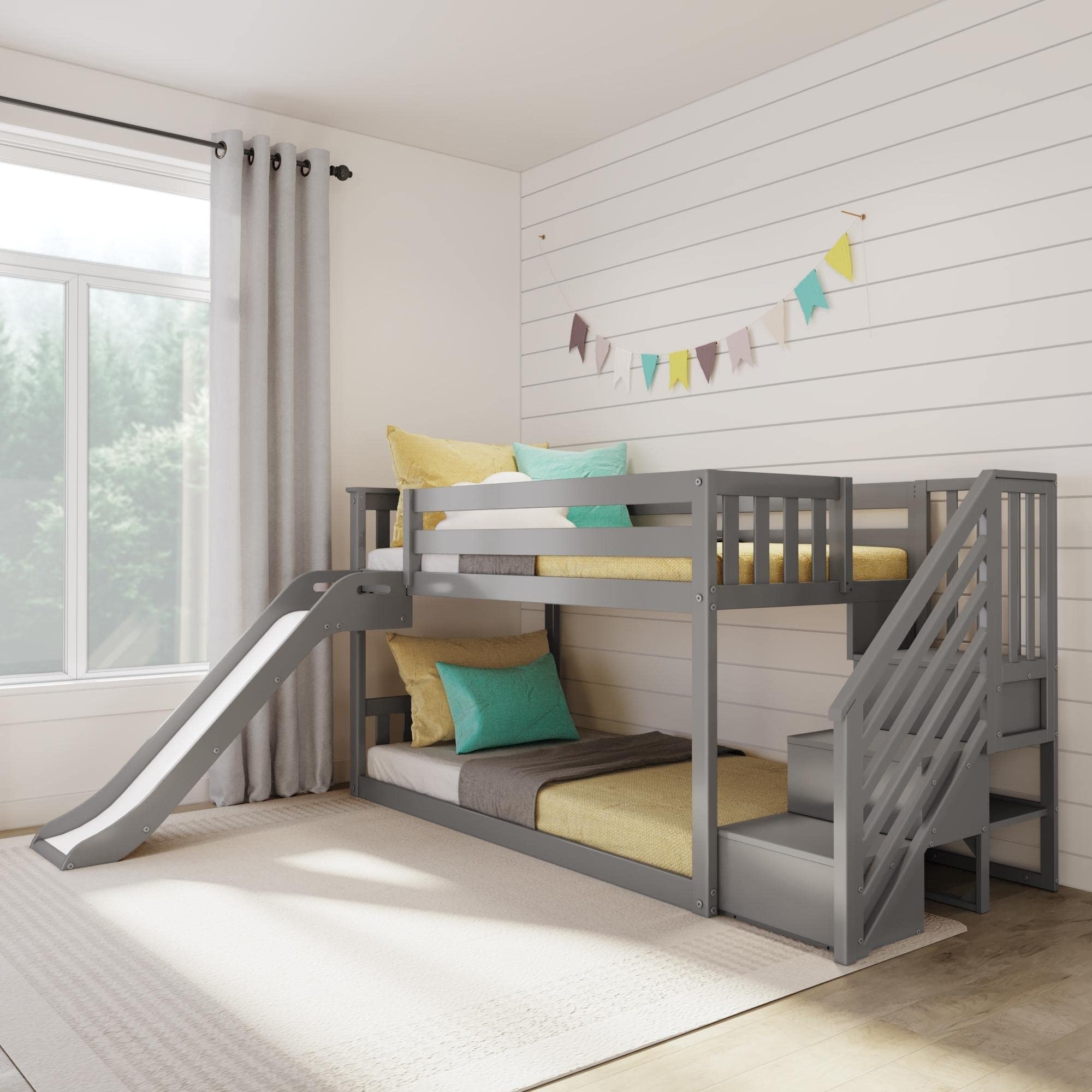 Max & Lily Solid Wood Twin over Twin Size Low Bunk Beds for Kids with Slide and Stairs, 400 lbs Weight Capacity, 14" Safety Guardrail, Anti-Slip Steps, White