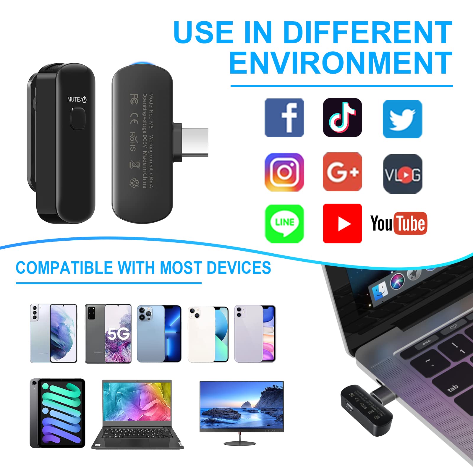 Wireless Lavalier Lapel Microphone Mics Condenser Microphone for iPhone, iPad, Android,Plug-Play 2.4G Ultra-Low Delay Noise Reduction 10H Working Time 230FT for Interview Video Podcast Vlog YouTube
