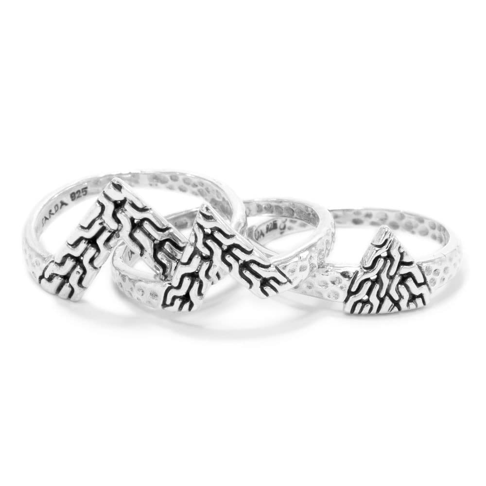 Sarda - .925 Sterling Silver 21mm Chainlink & Hammered Chevron Three Stackable Rings Set - Handmade by Bali Artisans - Size 8