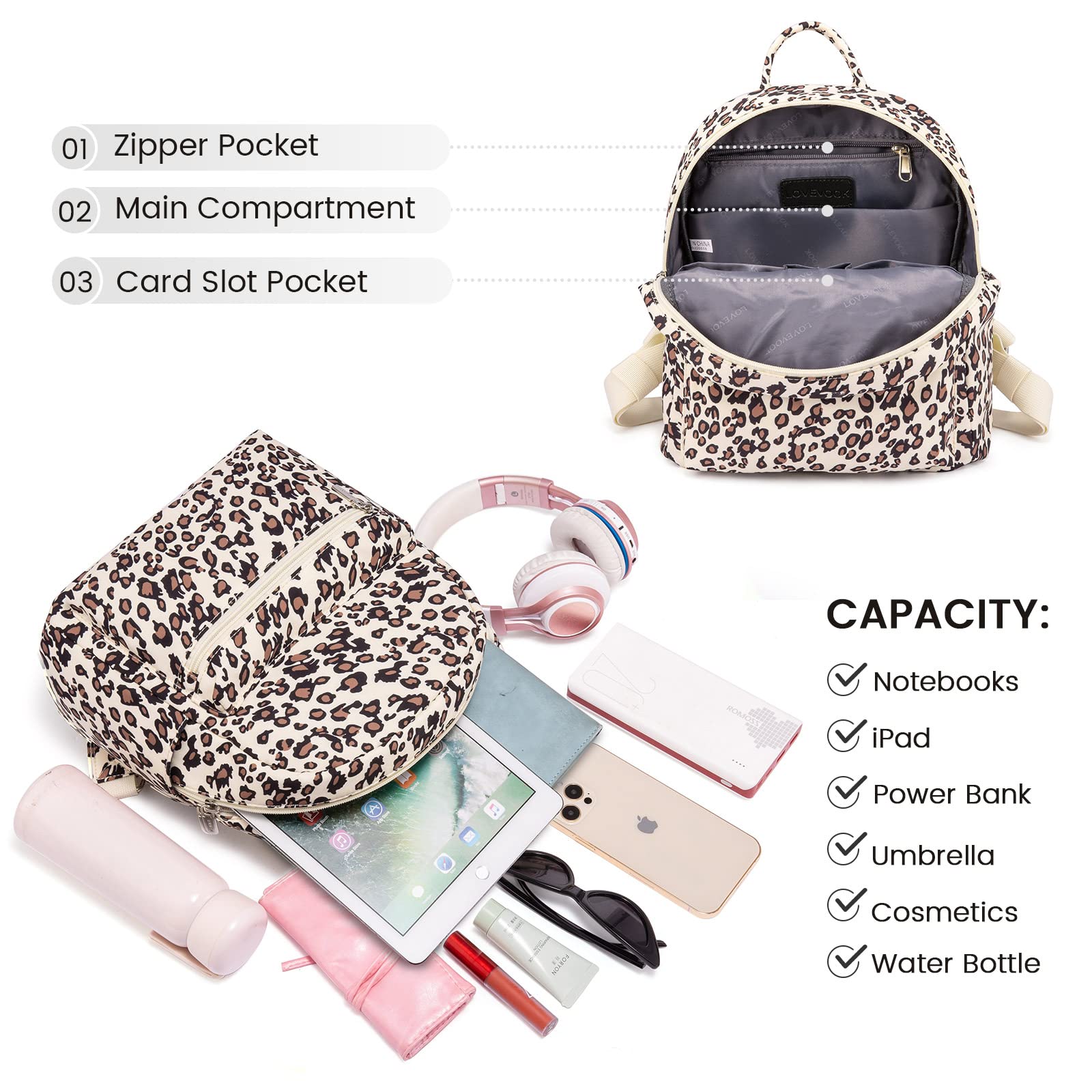 LOVEVOOK Mini Backpack for Women Light Weight Small Waterproof fashion Backpack Purses Daily Backpack Leopard