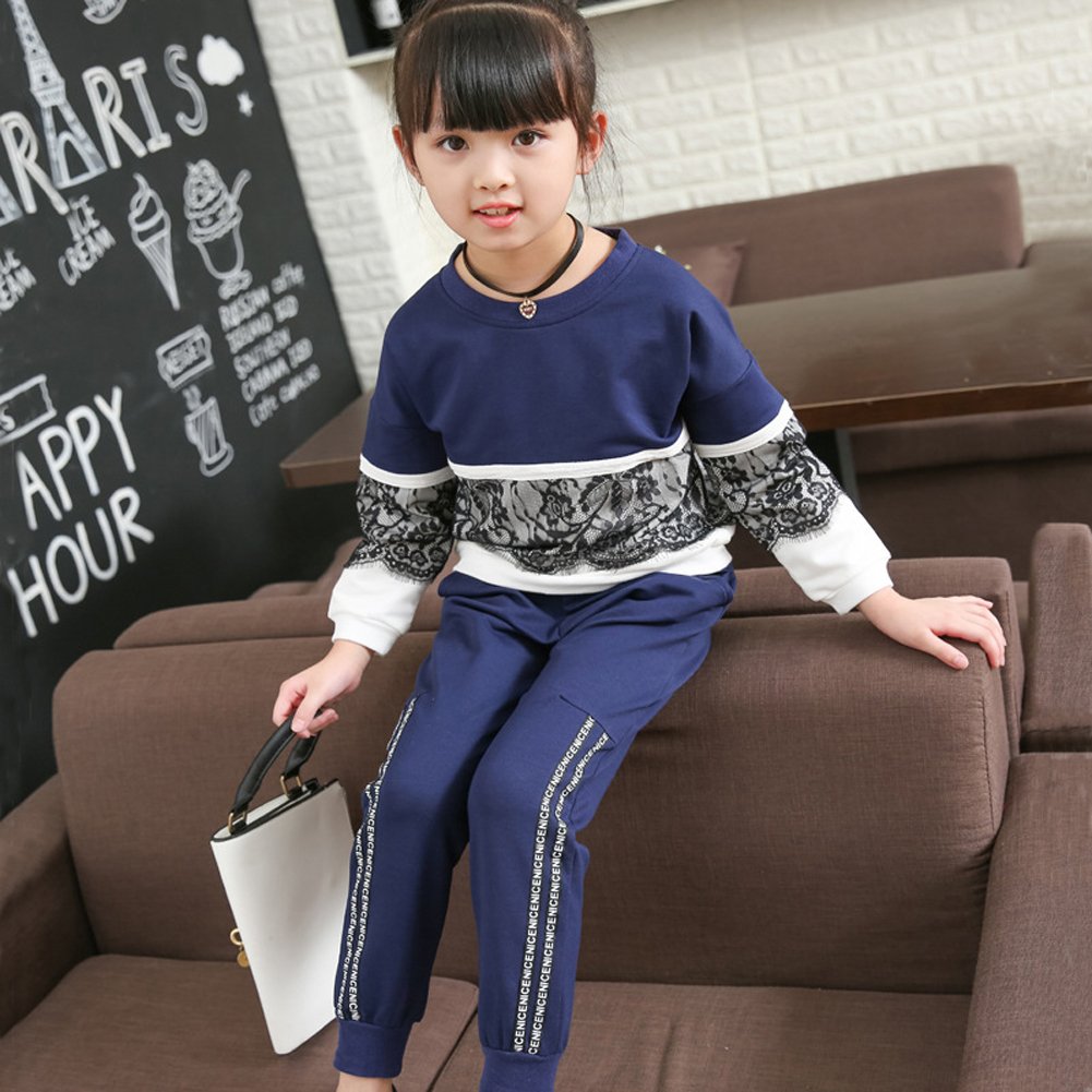 M RACLE Cute Little Girls' 2 Pieces Long Sleeve Top Pants Leggings Clothes Set Outfit (4-5 Years(110), Navy White)