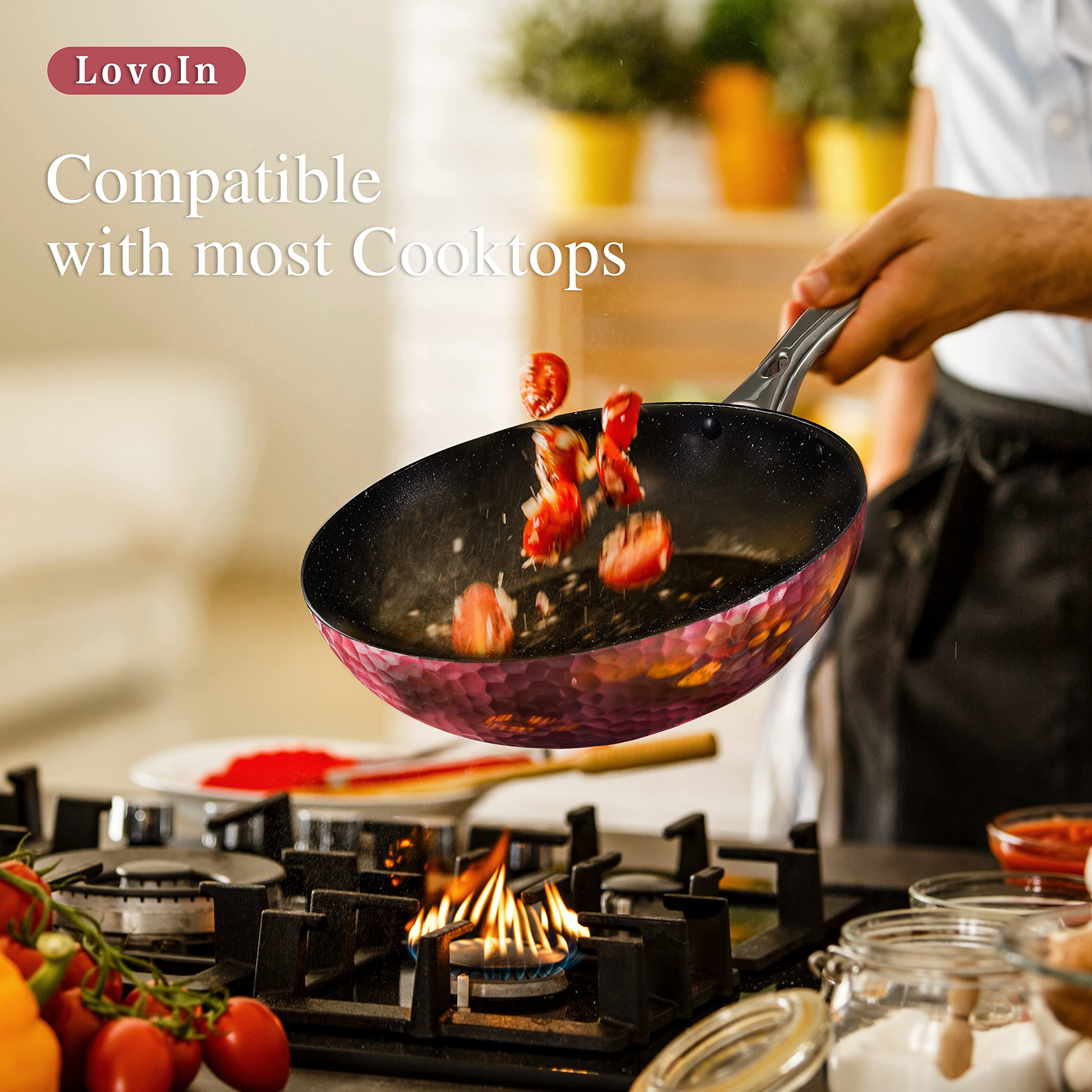 LovoIn Nonstick Cookware Set 16-Piece Hammered Kitchen Ware Pots & Pans Set Induction Cooking Pots Even Heating Pans, Oven/Stovetop Safe for Family Meals, Pink