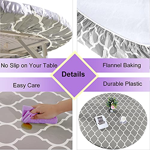 Zhuqing Heavy Duty Vinyl Round Fitted Tablecloth, Gray Moroccan Design, Spillproof Waterproof Elastic Table Cover with Flannel Backed Lining, Fits 40" to 44" Round Table,for Indoor/Outdoor Use