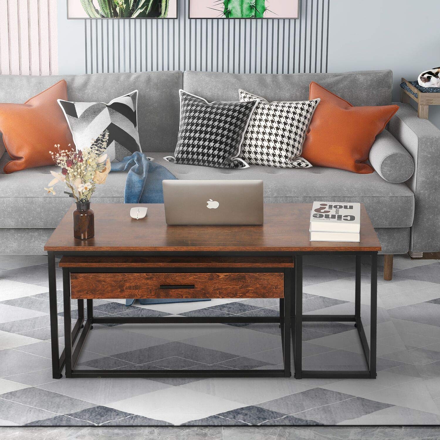 Nesting Coffee Table Set of 2 for Living Room, Sofa Side Rectangular Stacking Table with Large Capacity Sliding Rails Drawer, Home Office Furniture 42'' L X 19'' W X 19'' H