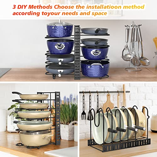 RAINBEAN Pot and pan organizer, Pot Lid Holders & Pan Rack, Multiple DIY methods 8 tier pot racks, adjustable kitchen organization and storage for pots and pans.