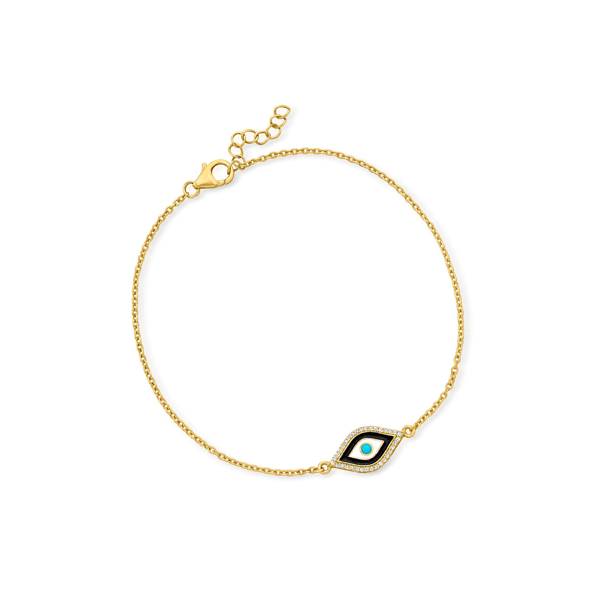 Ross-Simons Turquoise and .10 ct. t.w. White Zircon Evil Eye Anklet With Black and White Enamel in 18kt Gold Over Sterling. 9 inches