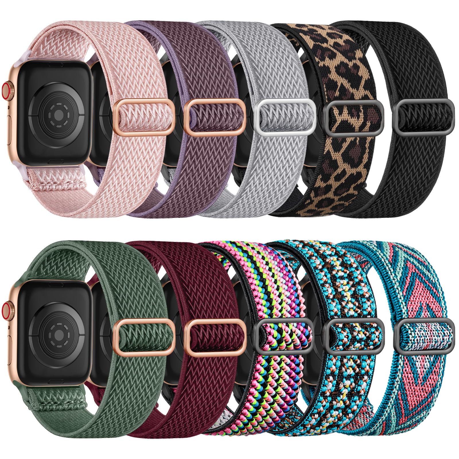 Maledan 10 Pack Stretchy Nylon Solo Loop Compatible with Apple Watch Band 38mm 40mm 41mm Women Men, Soft Elastic Strap Sport Braided Wristbands for Apple Watch SE iWatch Series 9 8 7 6 5 4 3 2 1 Ultra