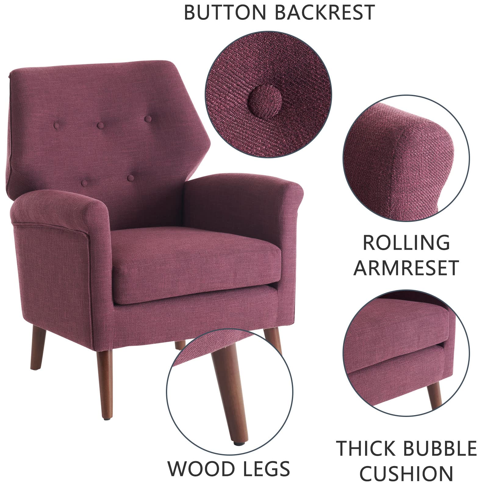 LOVSPATIO Mid-Century Modern Upholstered Button Tufted Sofa Chair,Accent Linen Fabric Armchair for Living Room,Bedroom,Office (Fuchsia)…