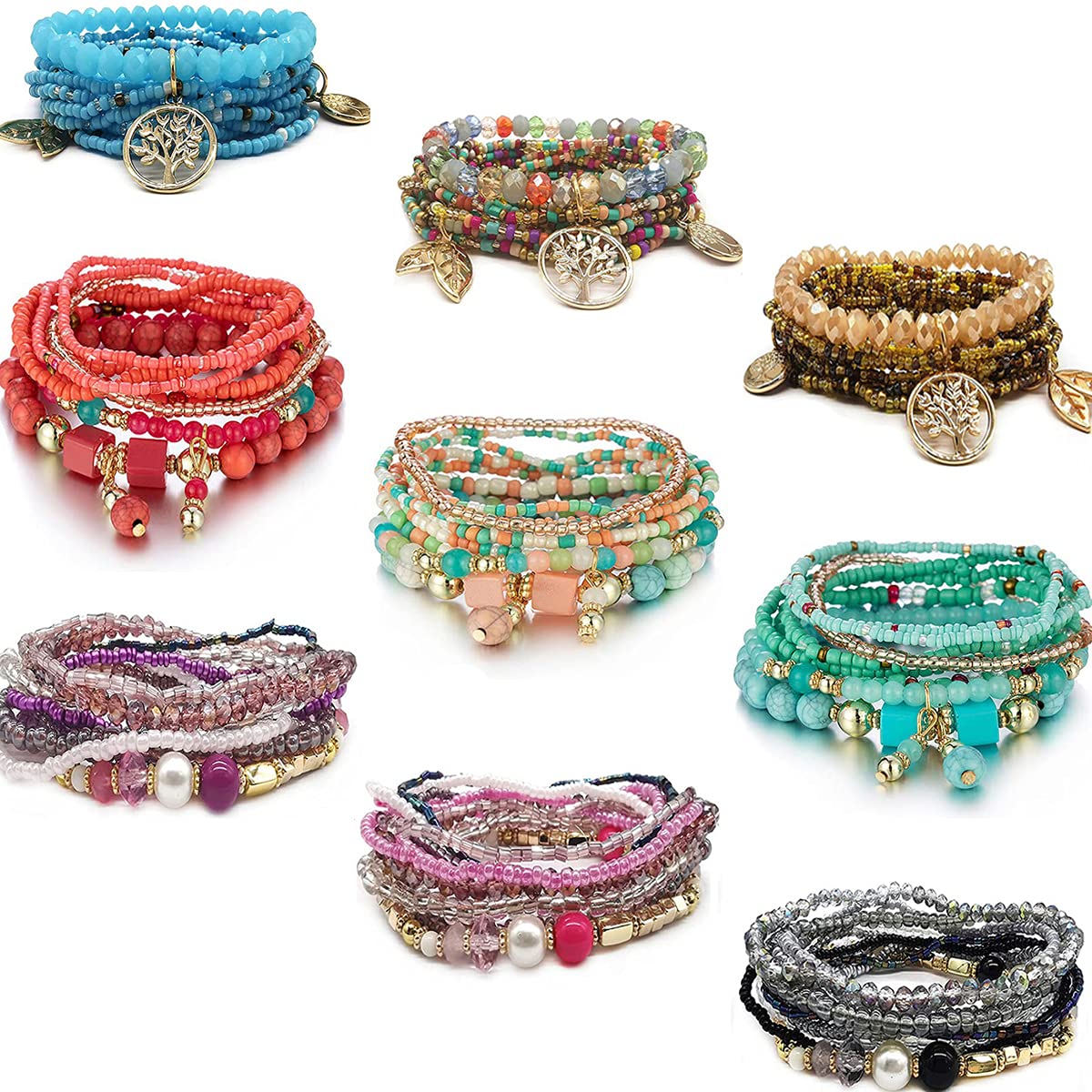 MOZAKA 9 Sets Bohemian Stackable Multilayer Bracelets for Women Stretch Elastic Multicolor Beaded Bracelets Jewelry Set