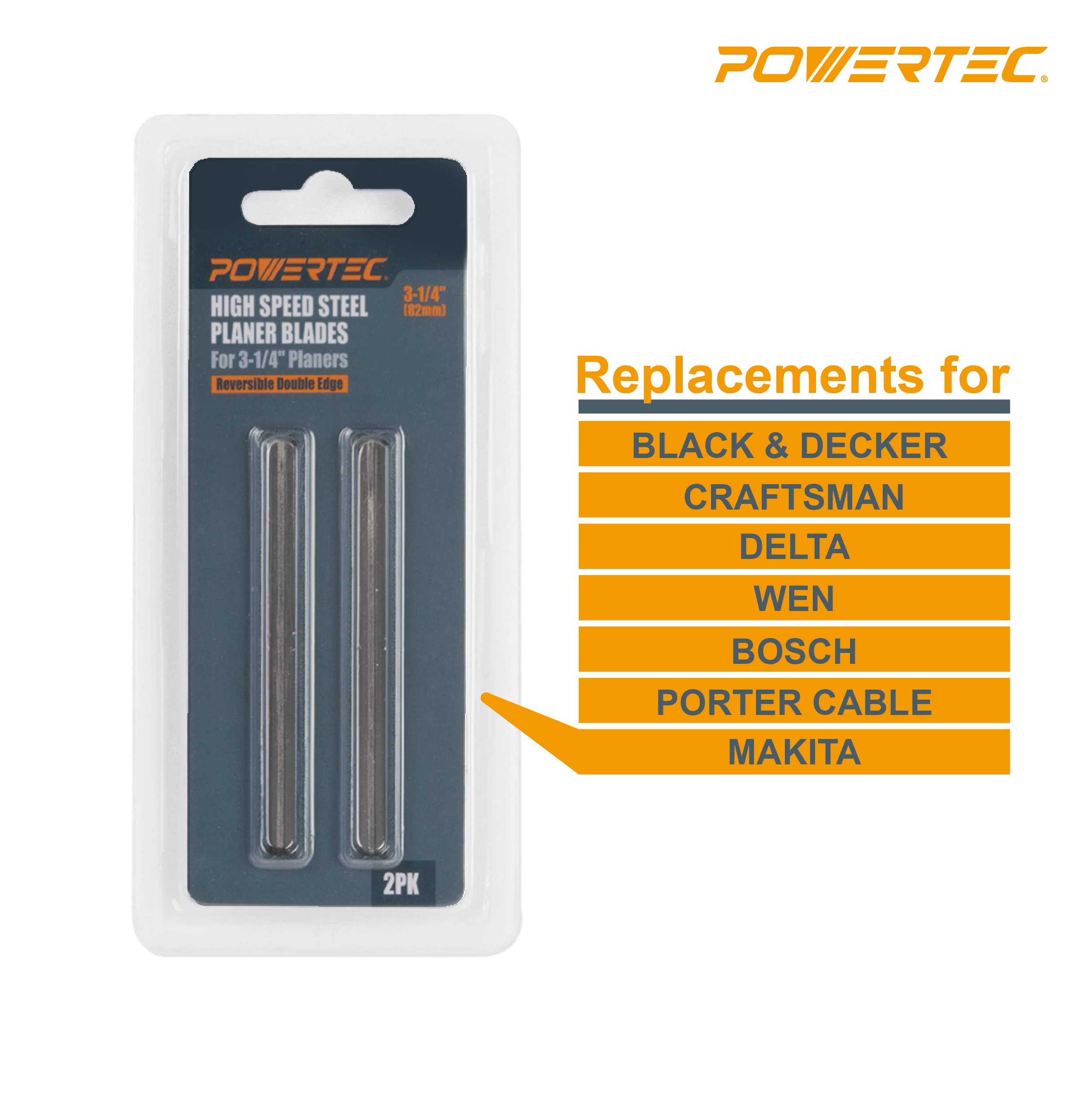 POWERTEC 12840 3-1/4" HSS Hand Held Planer Blades Replacement for Bosch, Black&Decker, Craftsman, DeWalt, Hitachi, Ryobi, Makita, Porter Cable, Skil, Stanley, Wen - Set of 2
