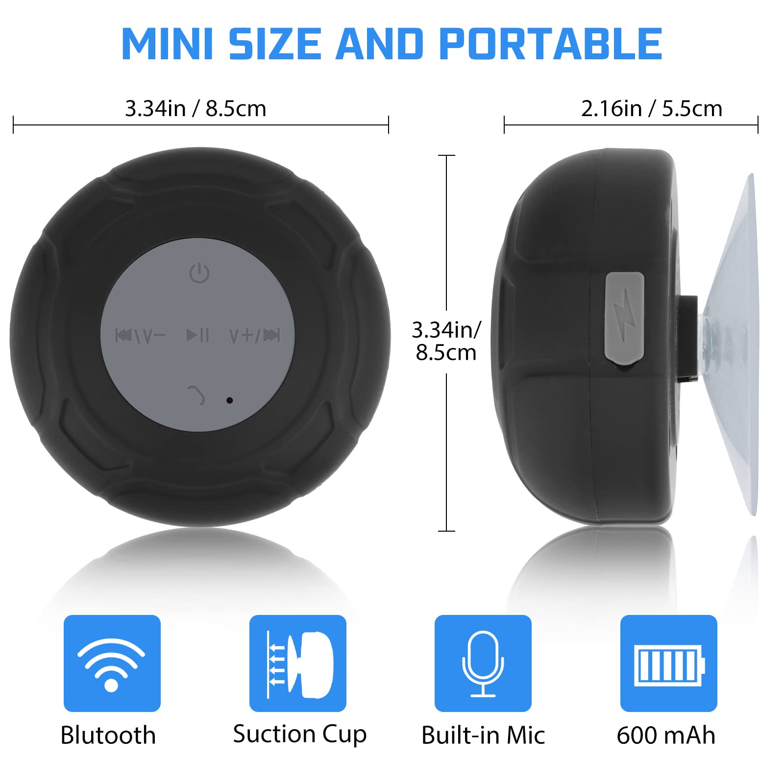 LUKADER Waterproof Bluetooth Shower Speaker Portable Wireless Water-Resistant Speaker Suction Cup,Built-in Mic Gifts for Kids Speakerphone Bathroom Kitchen - Blue