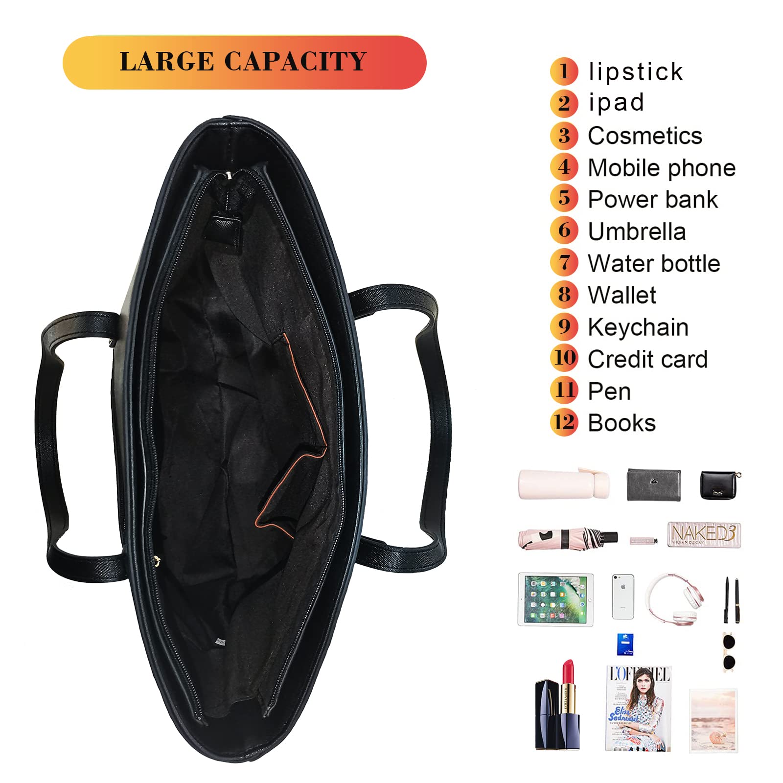Satchel Bags for Women Fashion Handbag Leather Shoulder Bag Large Capacity Black Work Bag 2 PCS Set (Heart)