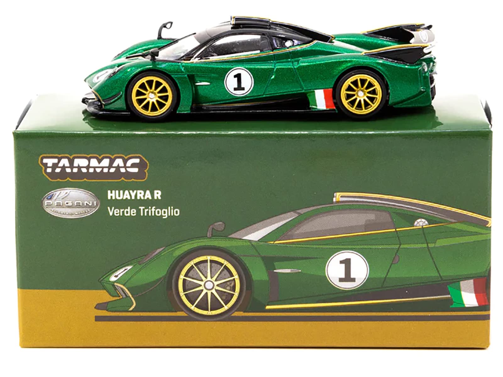 Pagani Huayra R #1 Verde Trifoglio Green Metallic w/Black Top and Gold Stripes Global64 Series 1/64 Diecast Model Car by Tarmac Works T64G-TL035-GR