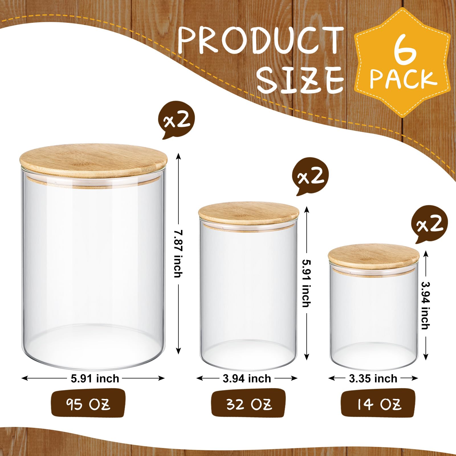 Mifoci 6 Pcs Christmas Cookie/Candy Storage Jars Glass with Airtight Bamboo Lid 95/32/14 Oz, Clear Glass Food Storage Container Stackable Kitchen Canister with Sealing Lid for Xmas Winter Party Supply