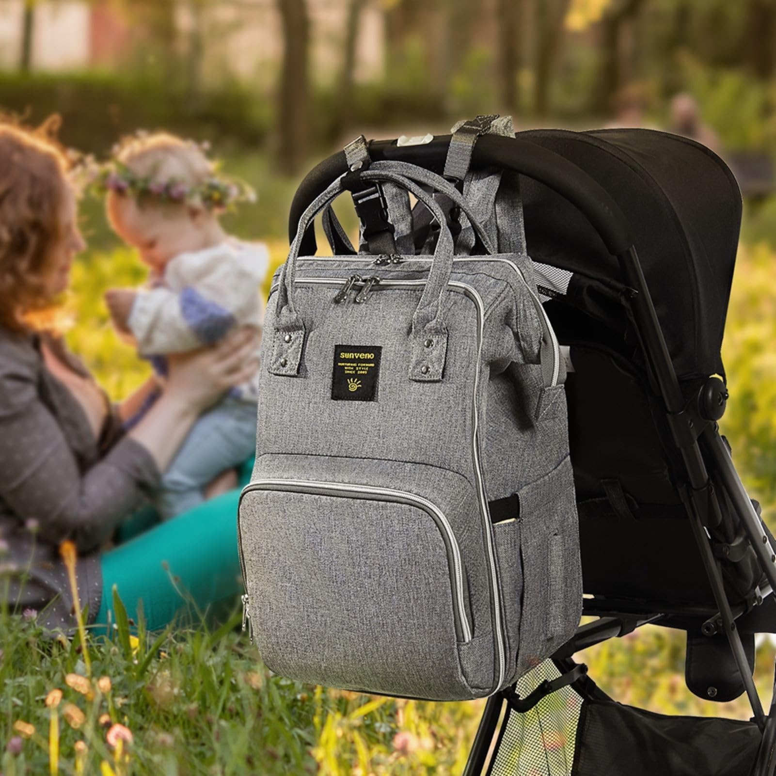 SUNVENO Baby Diaper Bag Backpack, Large Capacity Travel Backpack with Portable Changing Pad for Moms Dads, Grey