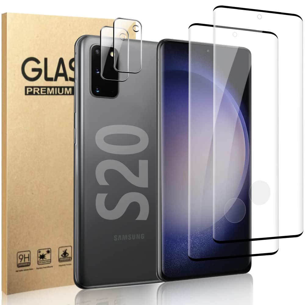 LETANG [2+2Pack] Galaxy S20 Screen Protector Tempered Glass + Camera Lens Protector [9H Hardness][Compatible Fingerprint] 3D Curved HD Clear Glass Film For Samsung Galaxy S20 5G 6.2 Inch