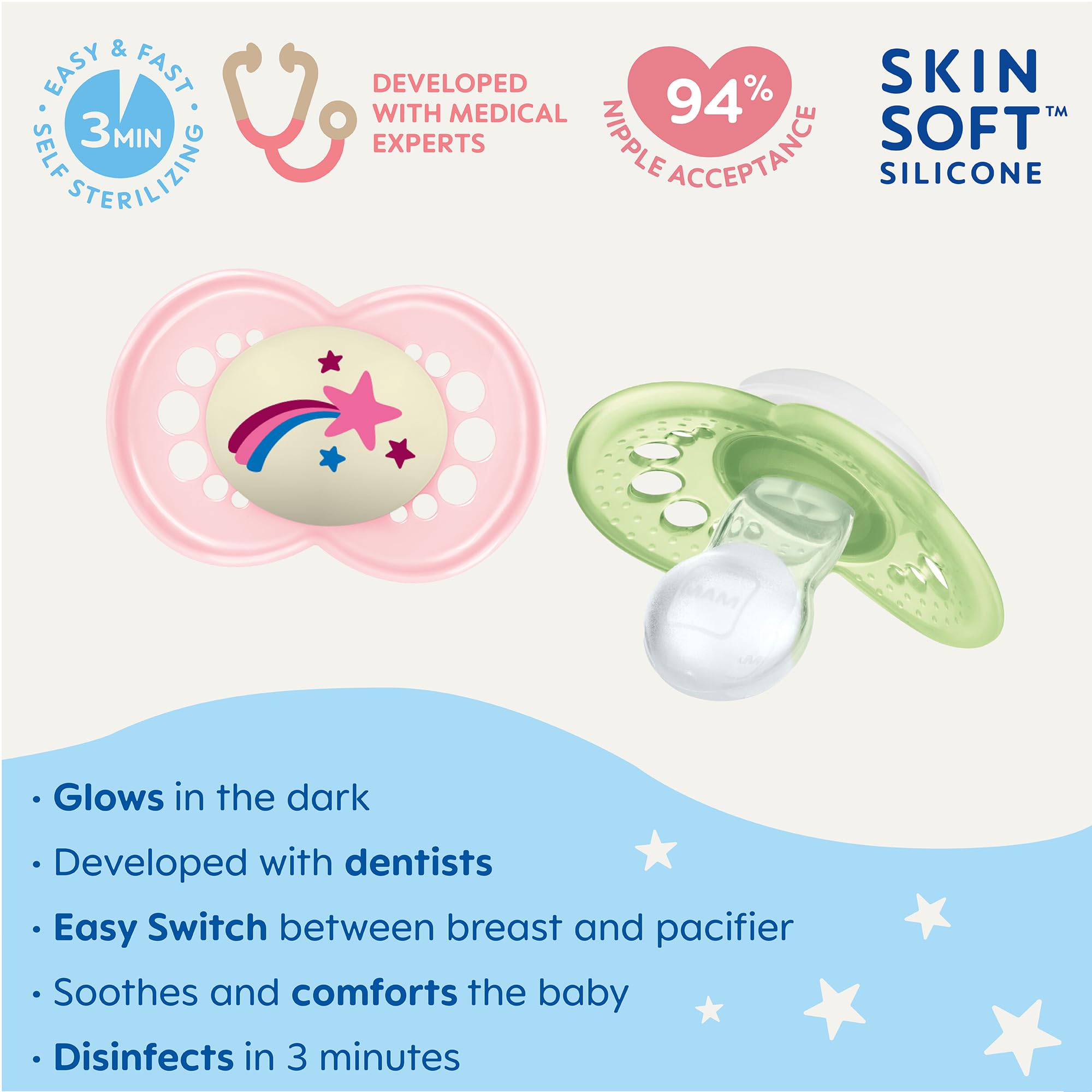 MAM Night Pacifiers (2 Count), MAM Pacifiers 6+ Months, Best Pacifier for Breastfed Babies, Glow in the Dark Pacifier, Baby Girl Pacifier (Design may vary), 6-16 (Pack of 2)