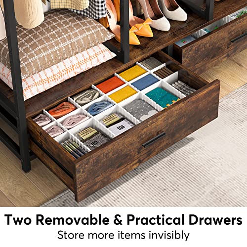 LITTLE TREE Clothes Rack with 2 Drawer and Shelves, Heavy Duty Wardrobe Closet Rack with 6 Hanging Hooks, Freestanding Closet System