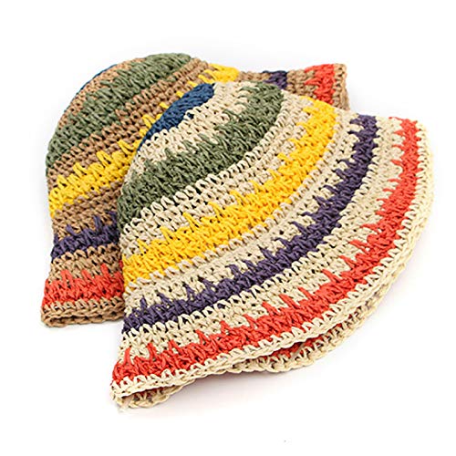Minache Foldable Wide Brim Colorful Crochet Straw Hat Outdoor Sun Visor Hat UPF 50+ Summer for Women Girl, Creamy White