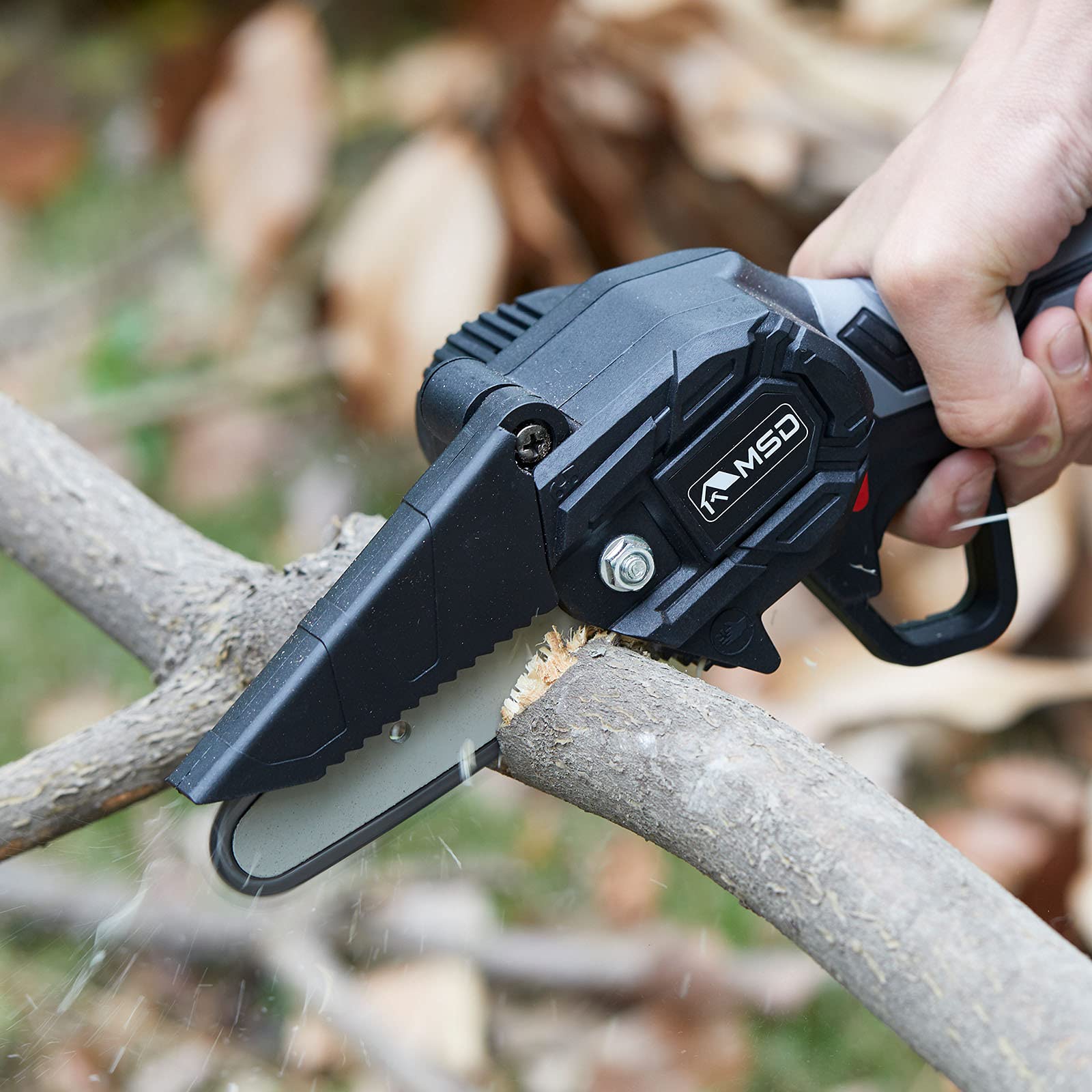 MSD 4 Inch Mini Cordless Chainsaw-Electric Handheld Chainsaw with 2 Replacement Chains, 2 Rechargeable Batteries, One-Handed Portable Chainsaw for Branch Wood Cutting Tree Pruning