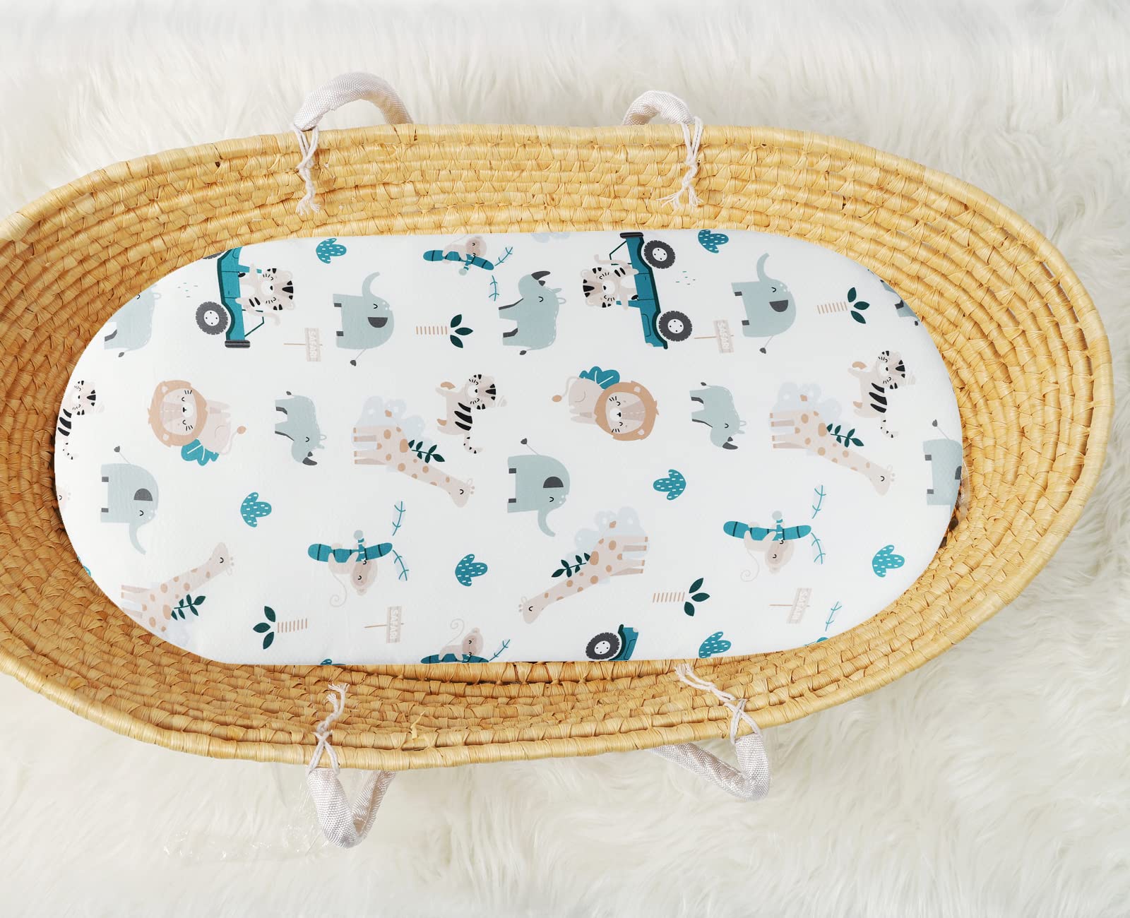 Tontukatu Bassinet Sheet Set 2 Pack Snug Fitted Cradle Fitted Sheets, Stretchy Ultra Soft, for Oval Rectangle Hourglass Bassinet Mattress, Unisex Boy Girl, Tiger Elephant & Fox