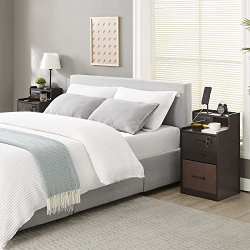Lovitgo 2 Drawer LED Nightstand, Night Stand with Fast Charging, 3 USB Ports and 2 Power Outlets, Bedside Table with Open Shelf, 29 inch Nightstand with Lock for Bedroom, Espresso Color