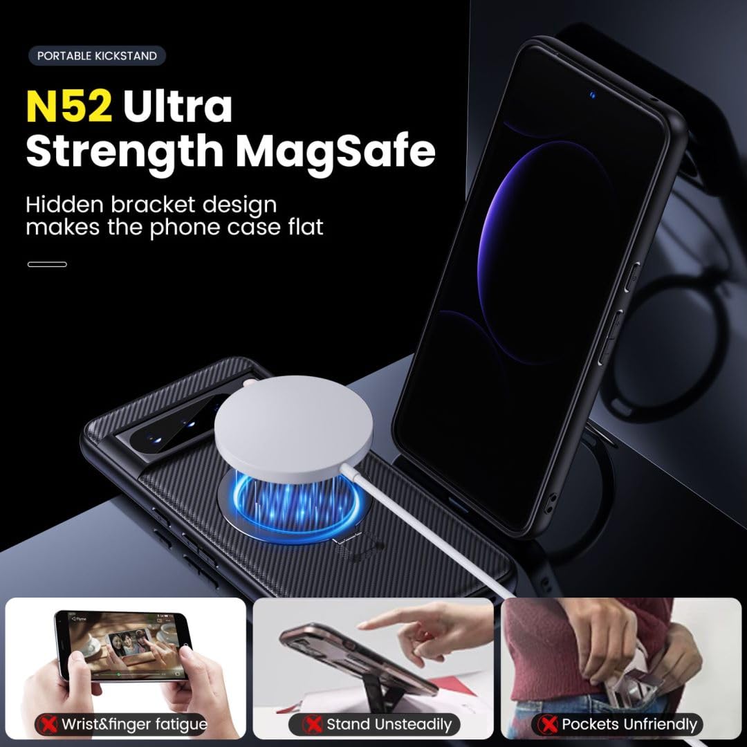 Lozeow for Pixel 8 Pro Magnetic Case with Stand, [Compatible with MagSafe] [12FT Military Drop Protection] Carbon Fiber Slim Cover for Google Pixel 8 Pro, Black