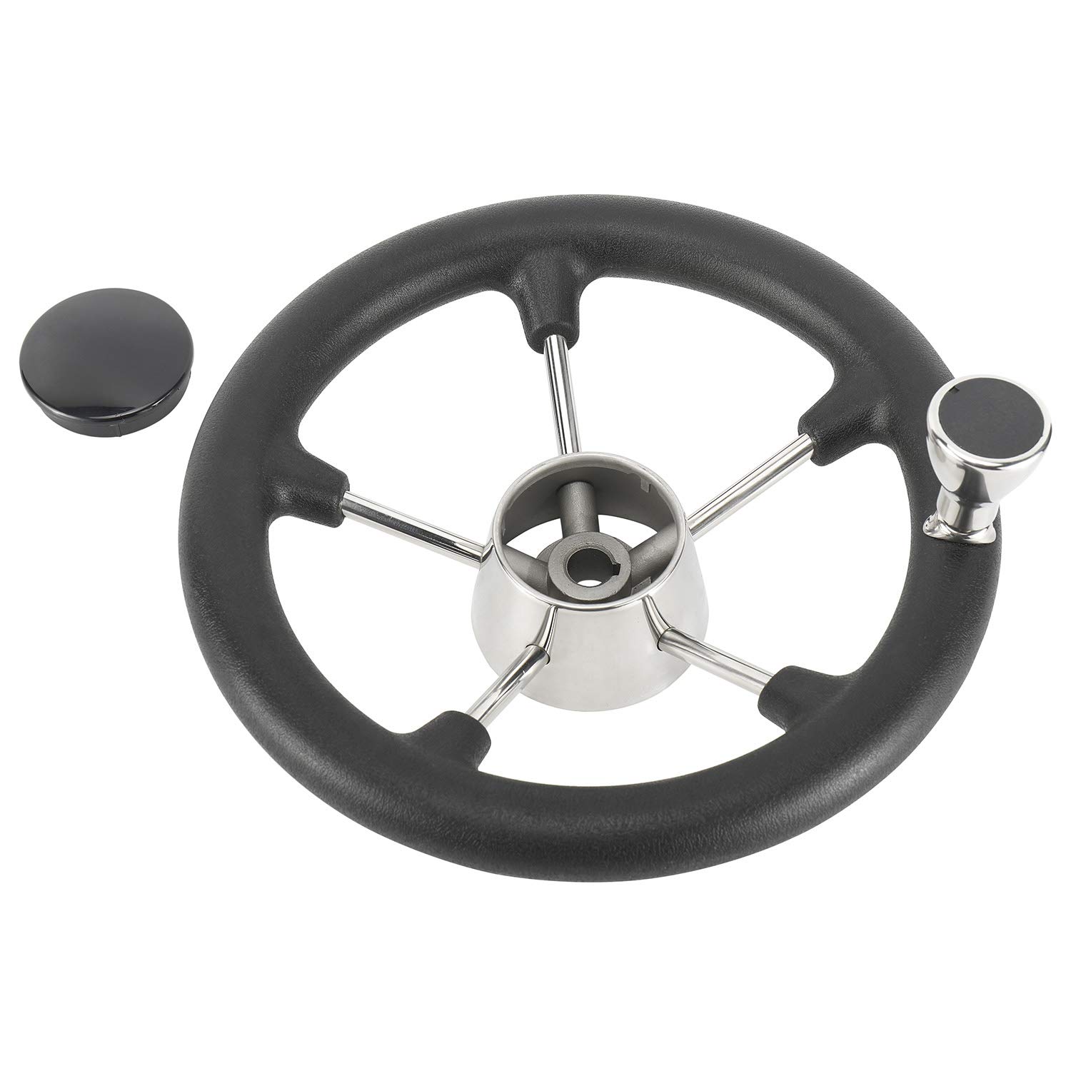 NovelBee 11-1/2 Inch Stainless Steel 5 Spoke Boat Marine Destroyer Steering Wheel with Black PU Foam (With Knob)