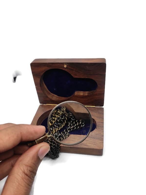 WAVE NAUTICAL Portable Handled Loupe Monocle for Library 10X Magnifiers Antique Brass Chain Necklace with 40mm Diameter Glass Magnification Lens Pendant Round Magnifying Optical Magnifier