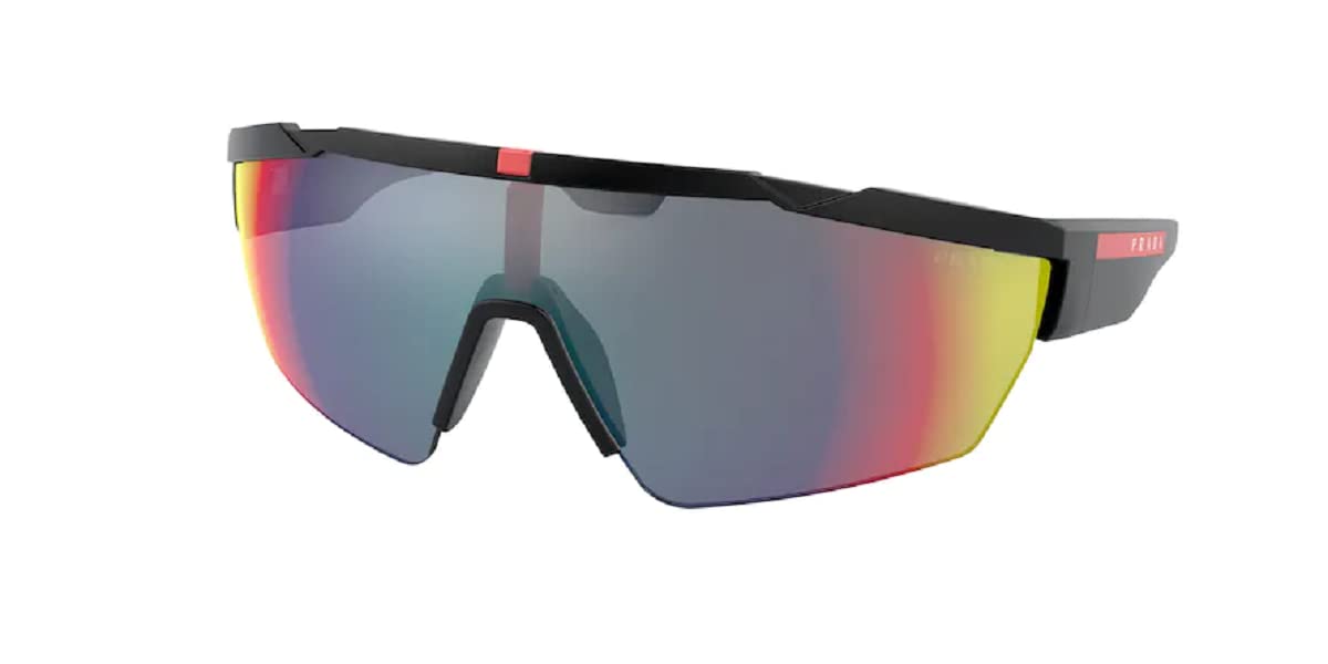 Prada PS03XS DG008F 44MM Black Rubber/Dark Grey Mirror Blue/Red Shield Sunglasses for Men + BUNDLE With Designer iWear Eyewear Kit