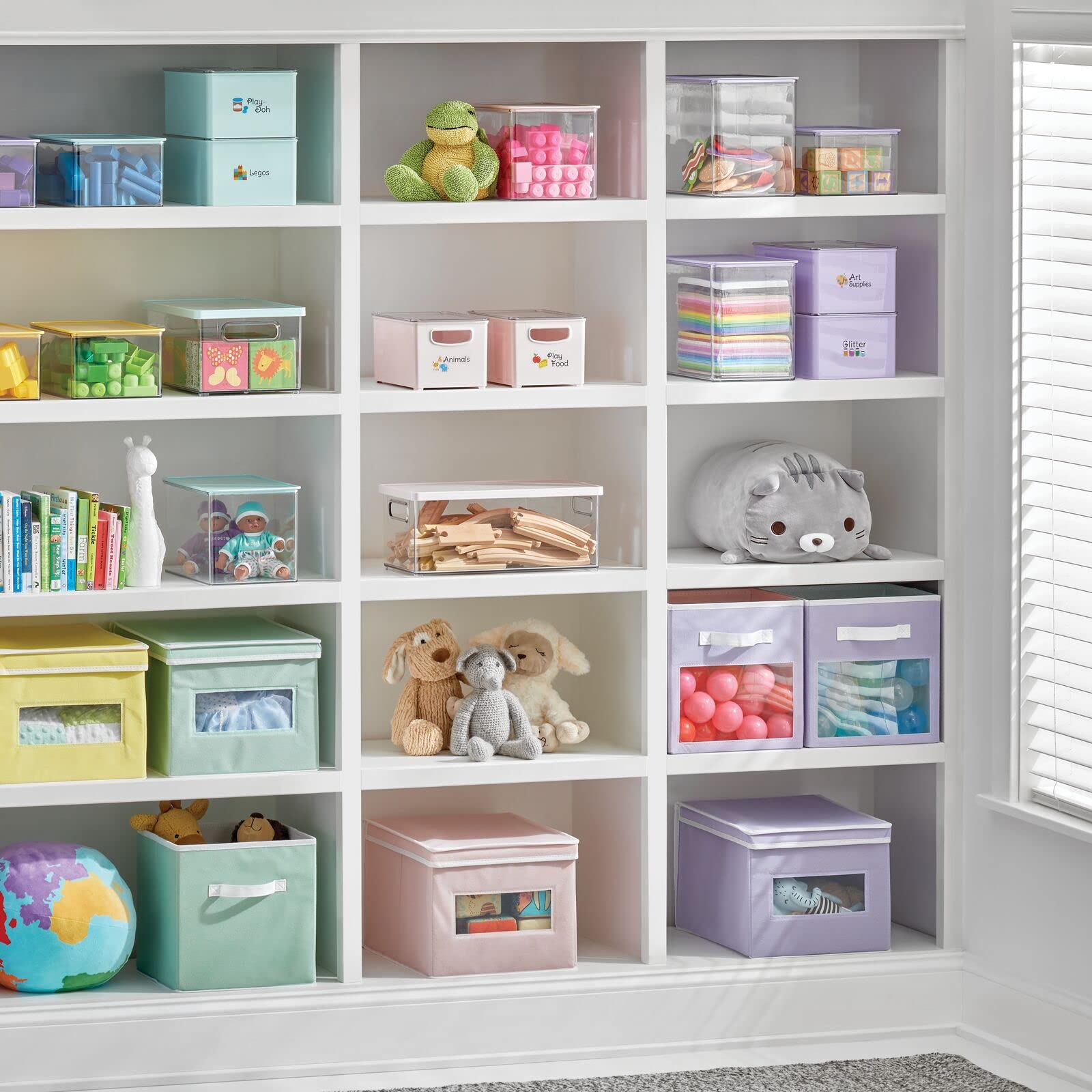 mDesign Fabric Nursery/Playroom Closet Storage Organizer Bin Box with Front Handle/Window - Cube Furniture Shelving Unit, Hold Toys, Clothes, Diapers, Bibs, Jane Collection, 4 Pack, Light Purple/White