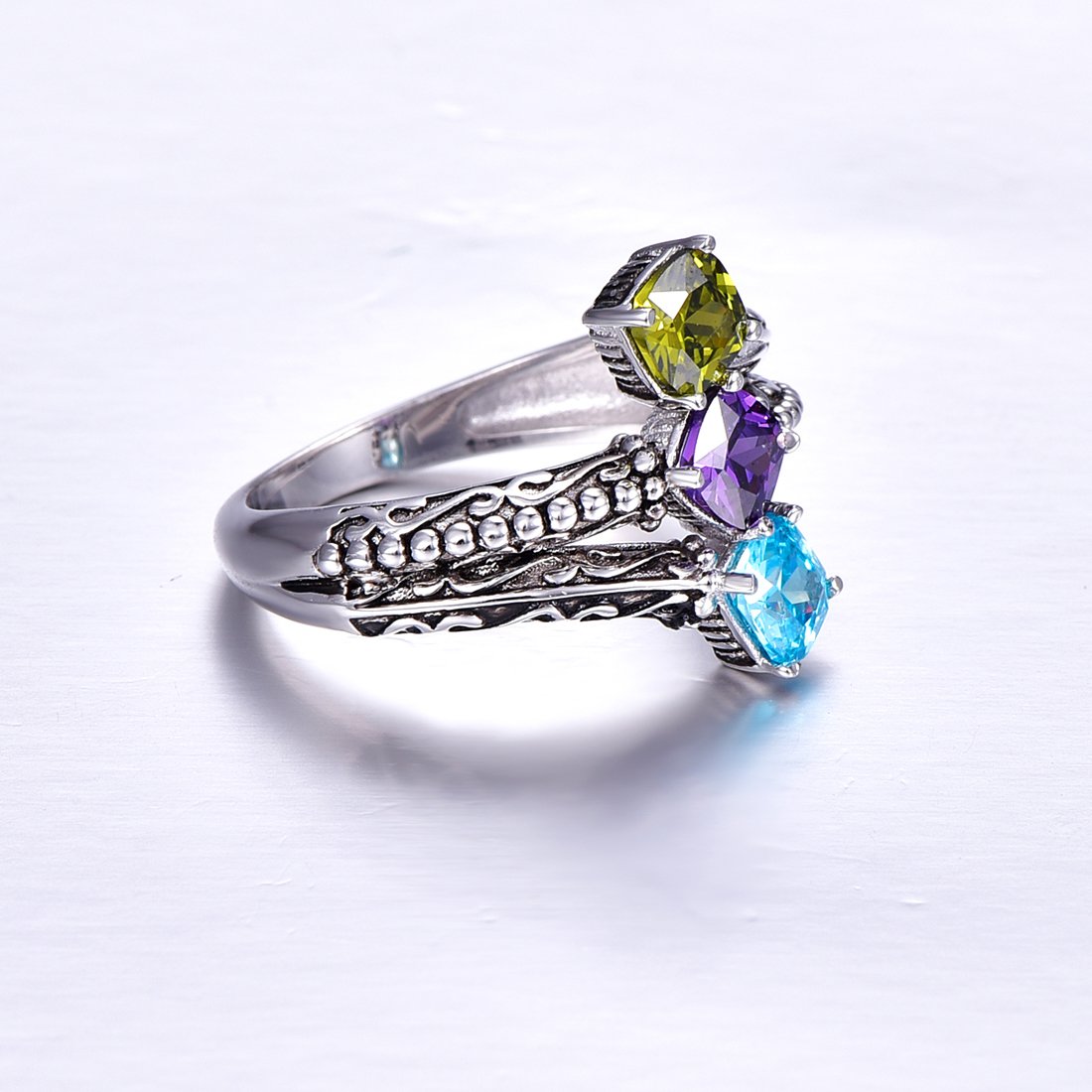 Merthus 12x12mm Princess Cut Simulated Amethyst Black Oxidized Finished 925 Sterling Silver Bohemian Ring for Women Size 9