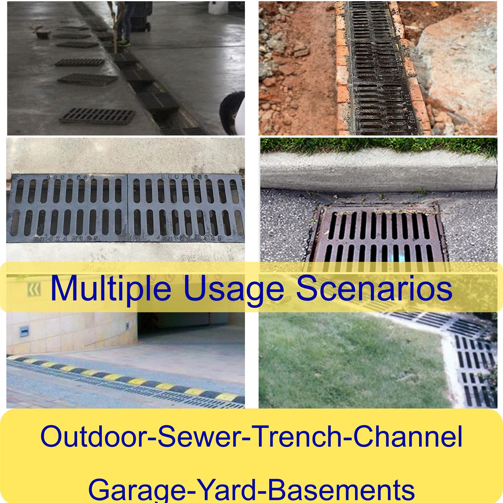 MOSINSBO Cast Iron Drain Grate and Frame, 17x4 Outdoor Drain Cover with Base, B125 Class Replacement Sewer Grate, Durable Heavy Duty Channel Grate, Black Rectangle Drainage Grate for Concrete Floor