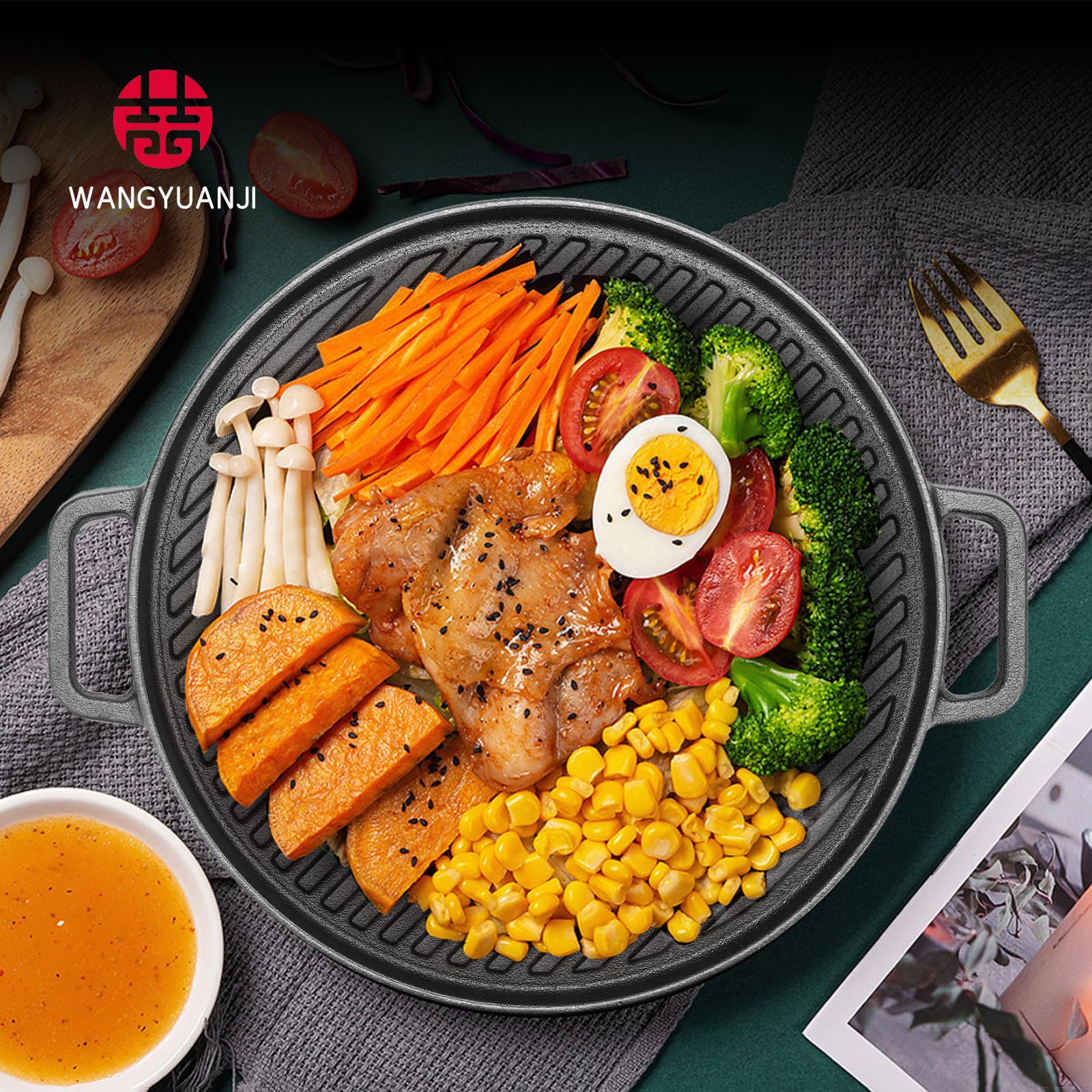 WANGYUANJI Cast Iron Grill Pan,11.8inch Round Cast Iron Skillets with Dual Handles for Barbecue,Suitable for All Stoves with Spatula and Brush