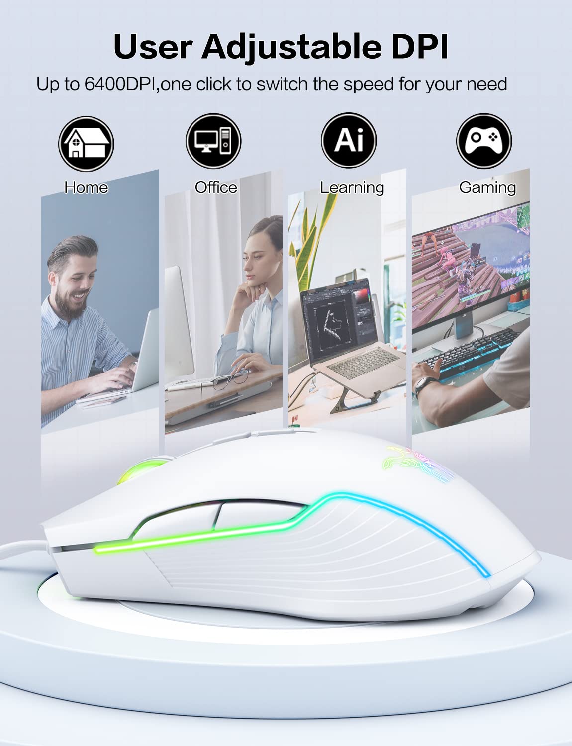 PHNIXGAM Wired Gaming Mouse, Ergonomic RGB Computer Mouse with RGB Backlight, Adjustable DPI UP to 6400, 7 Programmable Buttons for Windows Vista Linux (Pink)