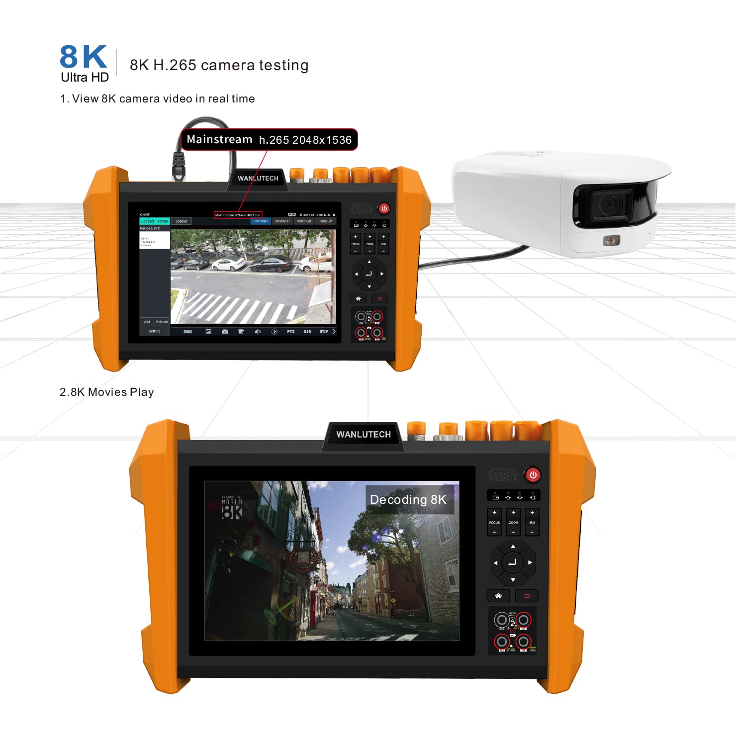 WANLUTECH CCTV Tester, Upgraded 8K IPC Tester SFP Optical Module Port Support 8MP AHD/CVI/TVI/SDI/CVBS Test Feature OPM/VFL/DMM/HDMI in/VGA in/TDR Breakpoint Test (K15-CLMOVTADHSEFG)