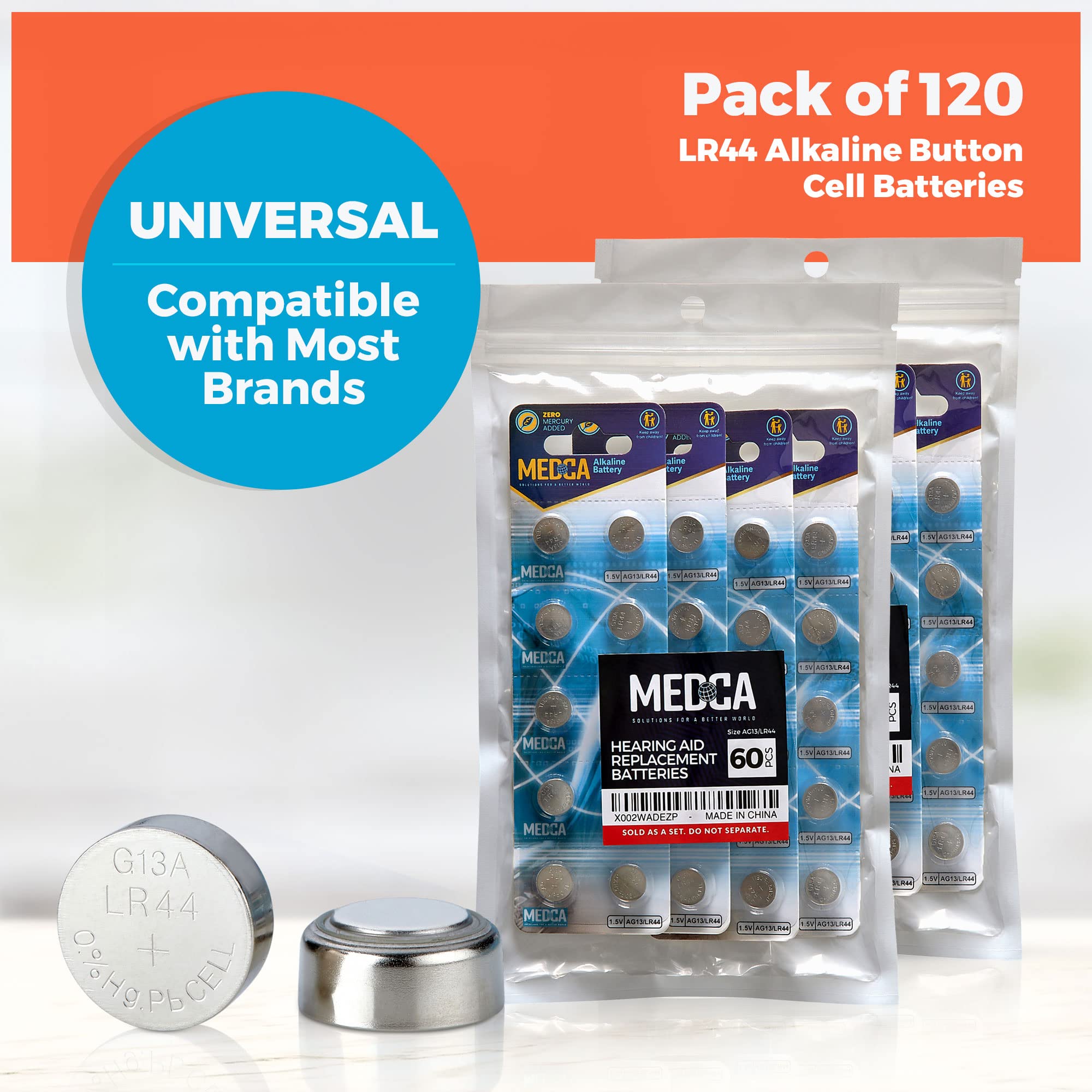 LR44 Batteries - 120 Count Pack - 1.5V Alkaline AG13 357 303 SR44 Battery Button Coin Cell Batteries for Hearing Aids and Hearing Amplifiers