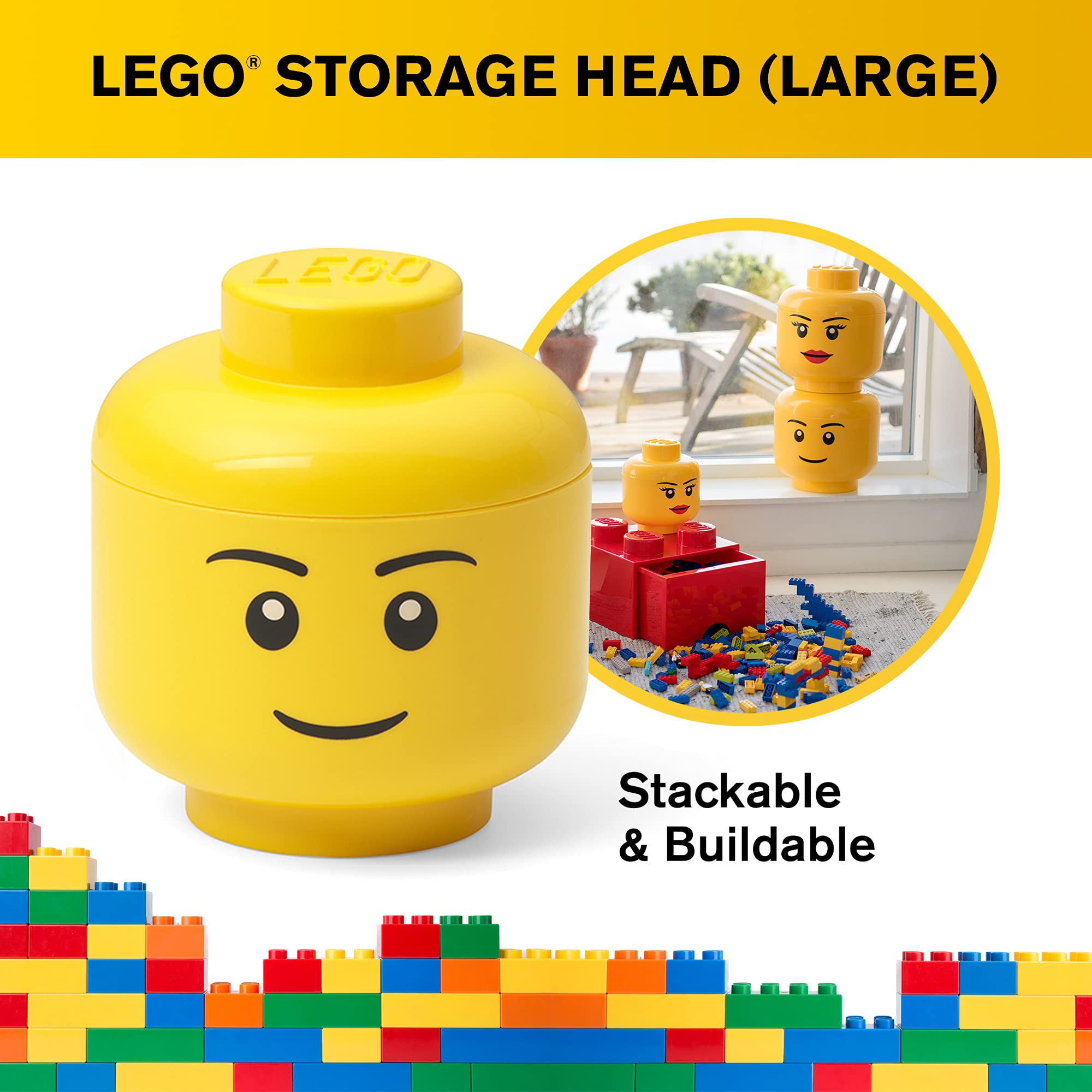 Room Copenhagen Lego Storage Head, Large, Boy, 9-1/2 x 9-1/2 x 10-3/4 Inches, Yellow (4032)