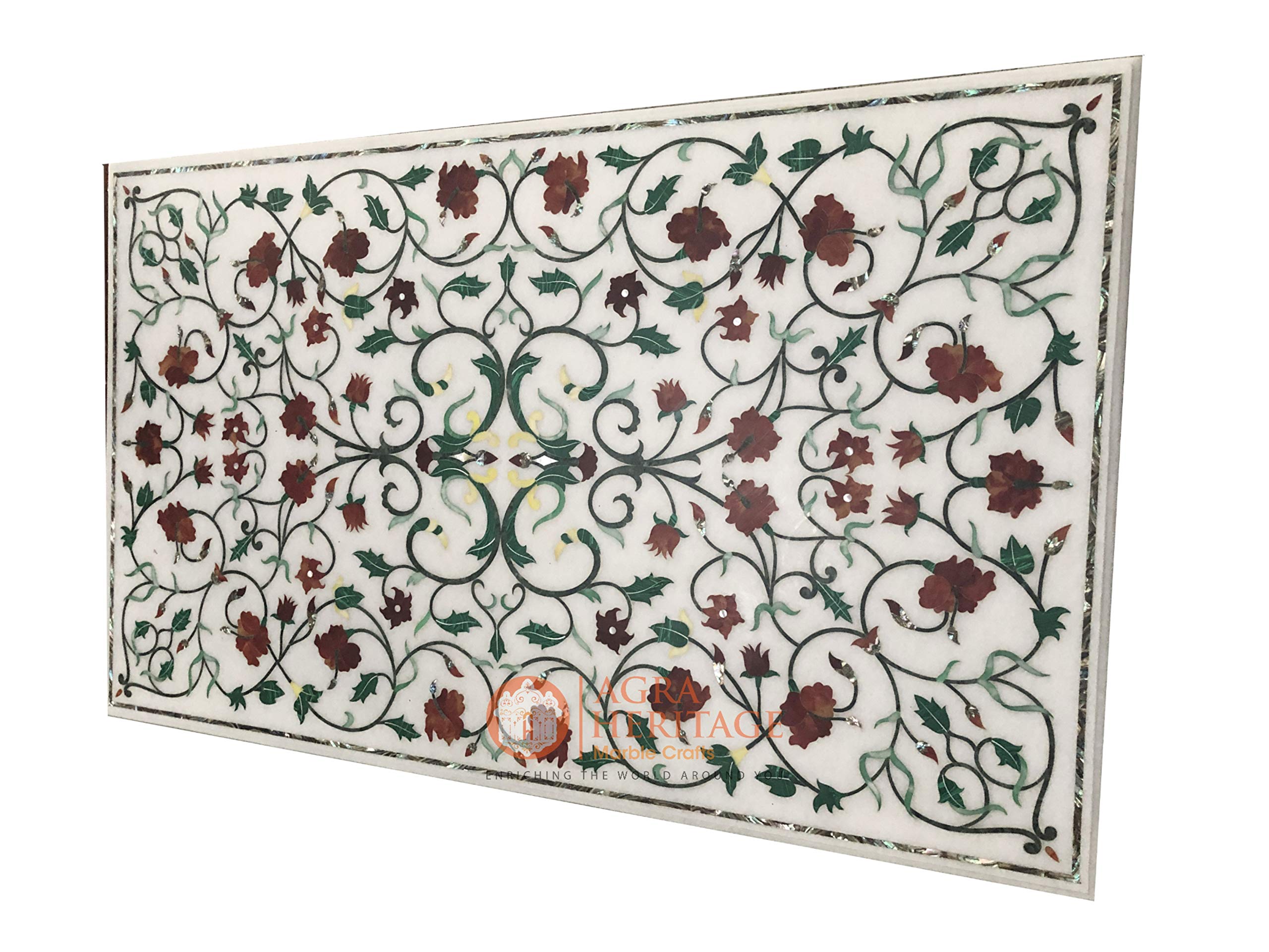White Marble Dining Pietra Dura Table Top Malachite Carnelian Inlay Hallway Decor | 60"x36" Inches