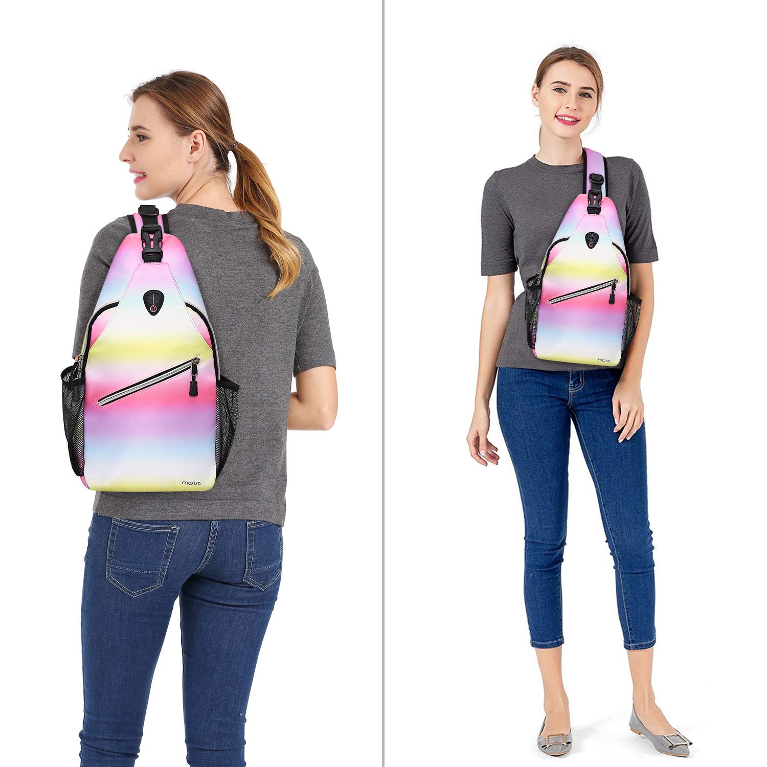 MOSISO Sling Backpack,Travel Hiking Daypack Pattern Rope Crossbody Shoulder Bag, Rainbow