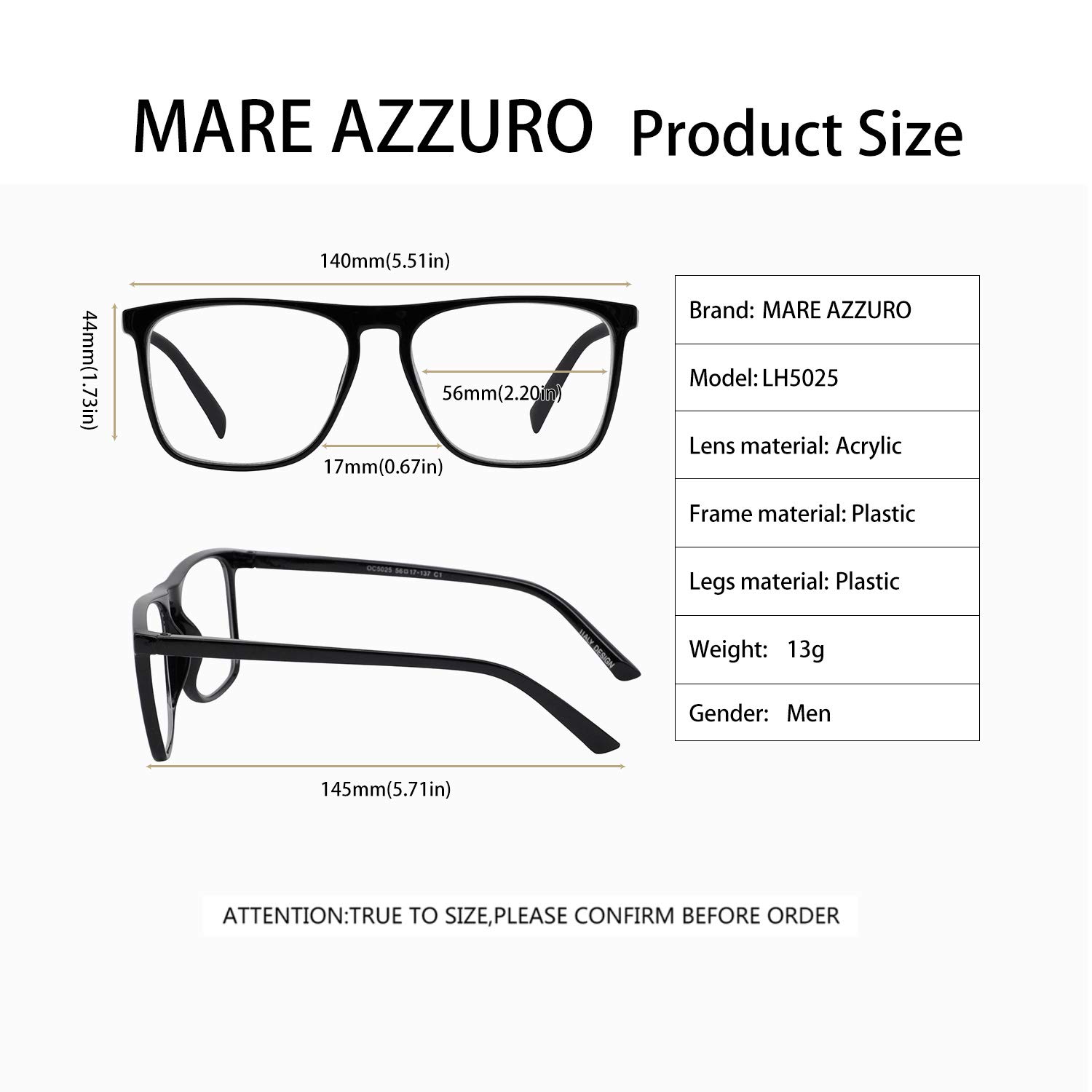 MARE AZZURO Reading Glasses Men Square Reader 0 100 125 150 175 200 225 250 275 300 350 400 500 600 (Black 1.25)