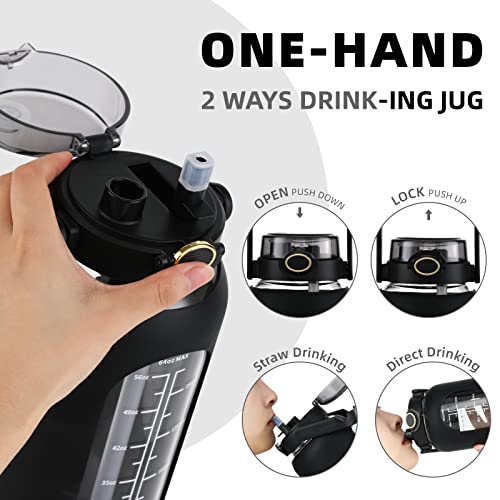 SIEROZUR 74oz Glass Water Bottle Jug with Straw 2.2L Large Half Gallon Motivational Bottle with Handle and Time Marker Wide Mouth Water Canteen with Silicone Sleeve