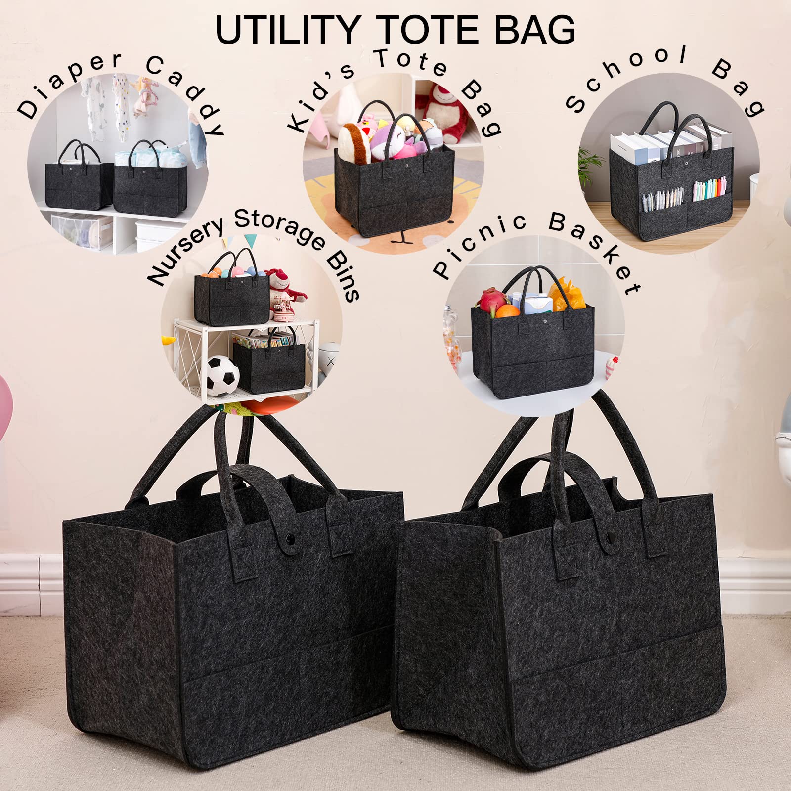 Yesesion 2 Pack Easter Basket Tote Bag for Kids, Portable Holiday Decoration Basket for Boys, Girls, Foldable Party Storage Caddy with Side Pockets for Candy (Large - Dark Gray)