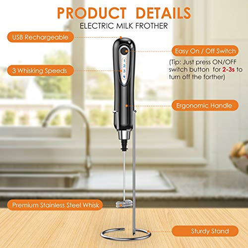 ZEBRE Electric Milk Frother, Handheld Rechargeable 3 Speed Foam Maker Blender Mixer with Durable Stainless Stand for Coffee, Latte, Cappuccino, Hot Chocolate, Black